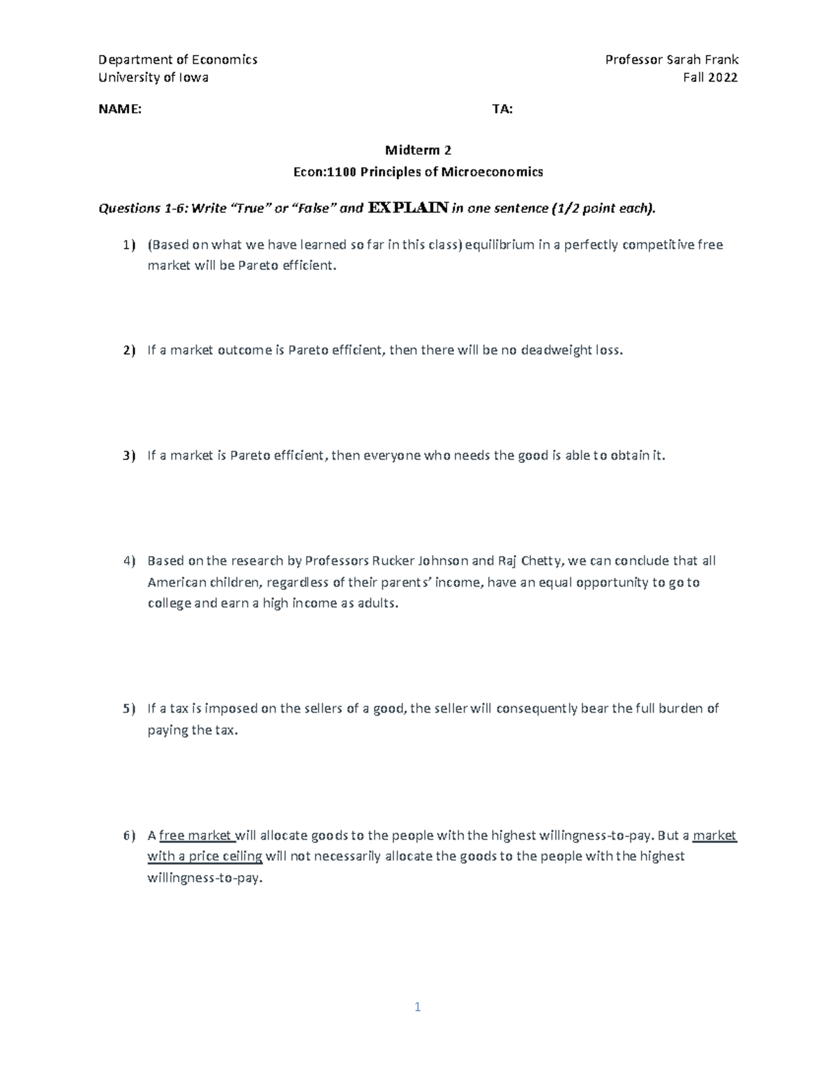 Sample Test 2 - University of Iowa Fall 2022 NAME: TA: Midterm 2 Econ ...