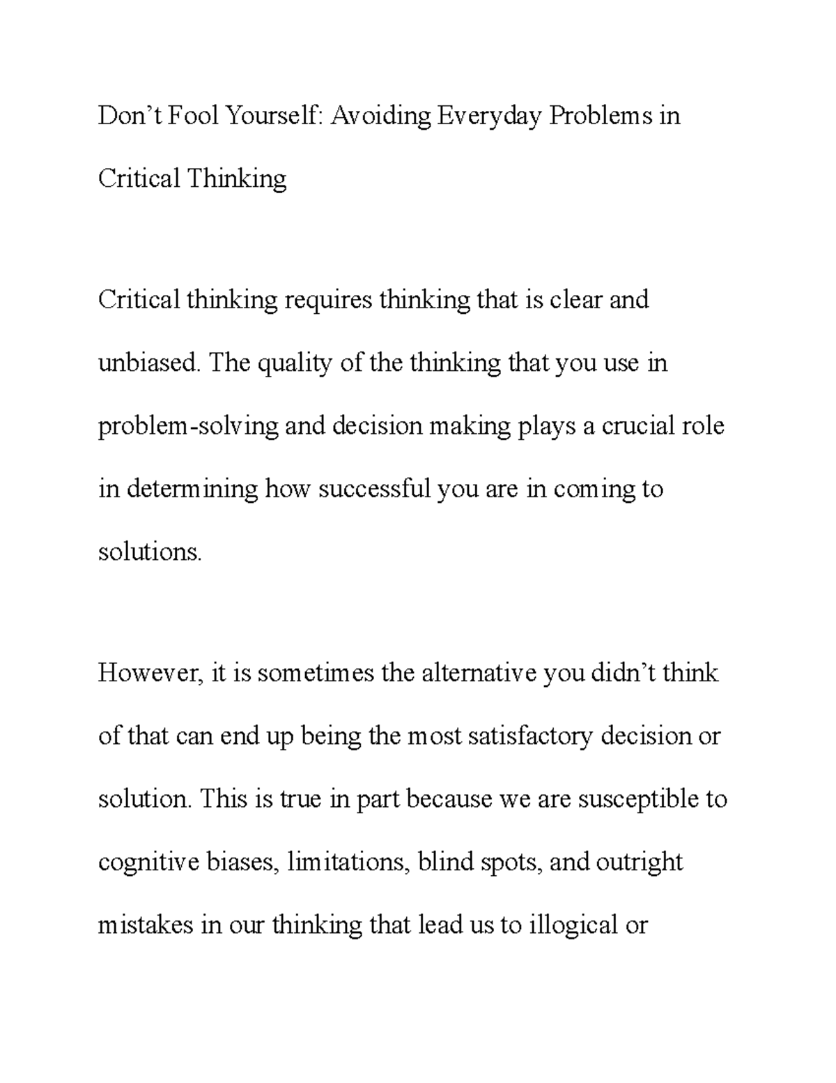 Don’t Fool Yourself Avoiding Everyday Problems in Critical Thinking ...