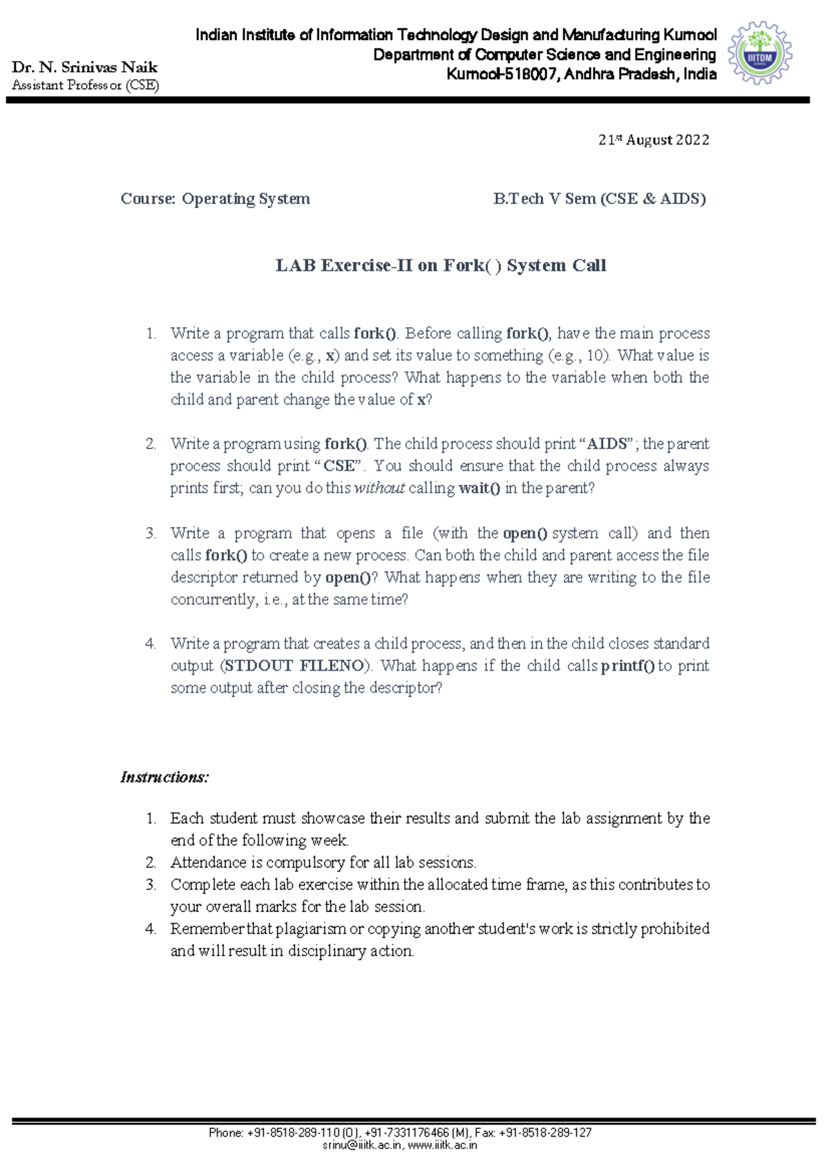 Os Lab Exercise 2 On Fork System Call Dr N Srinivas Naik Assistant Professor Cse