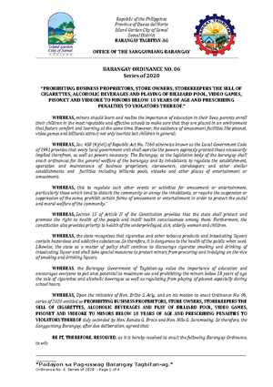 3 Peace AND Order Ordinance - “Padayon sa Pag-uswag Barangay Tagbitan ...