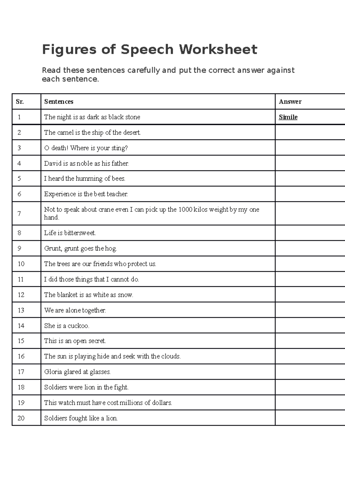 Figures of Speech Worksheet - Sr. Sentences Answer 1 The night is as ...