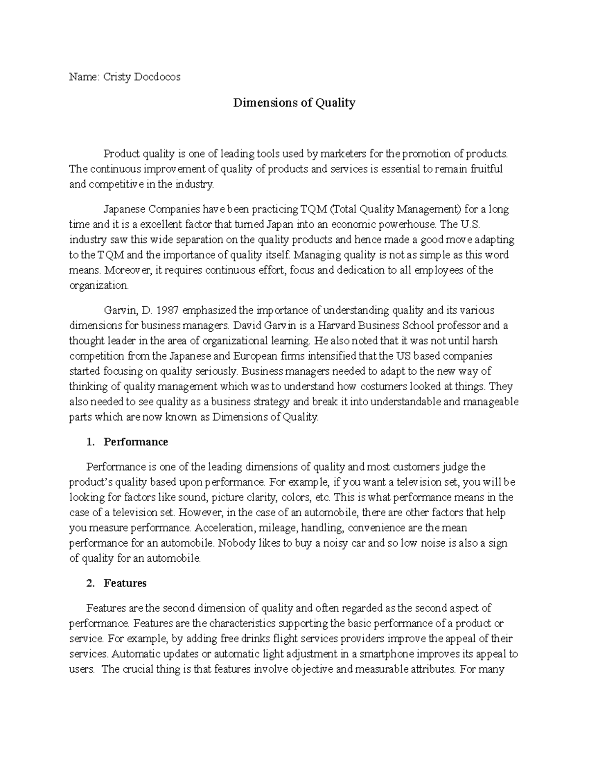 Chapter 2 - tqm - Name: Cristy Docdocos Dimensions of Quality Product ...