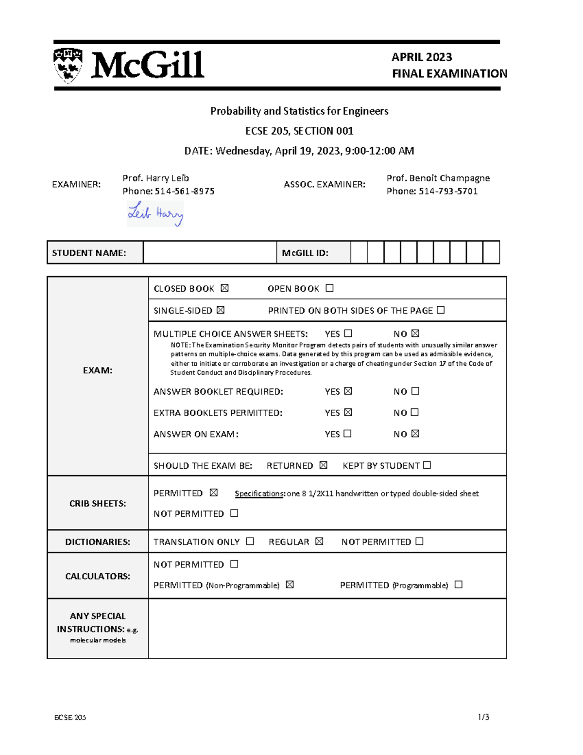 Winter 2023 final+sol - ECSE 205 1 / APRIL 2023 FINAL EXAMINATION ...