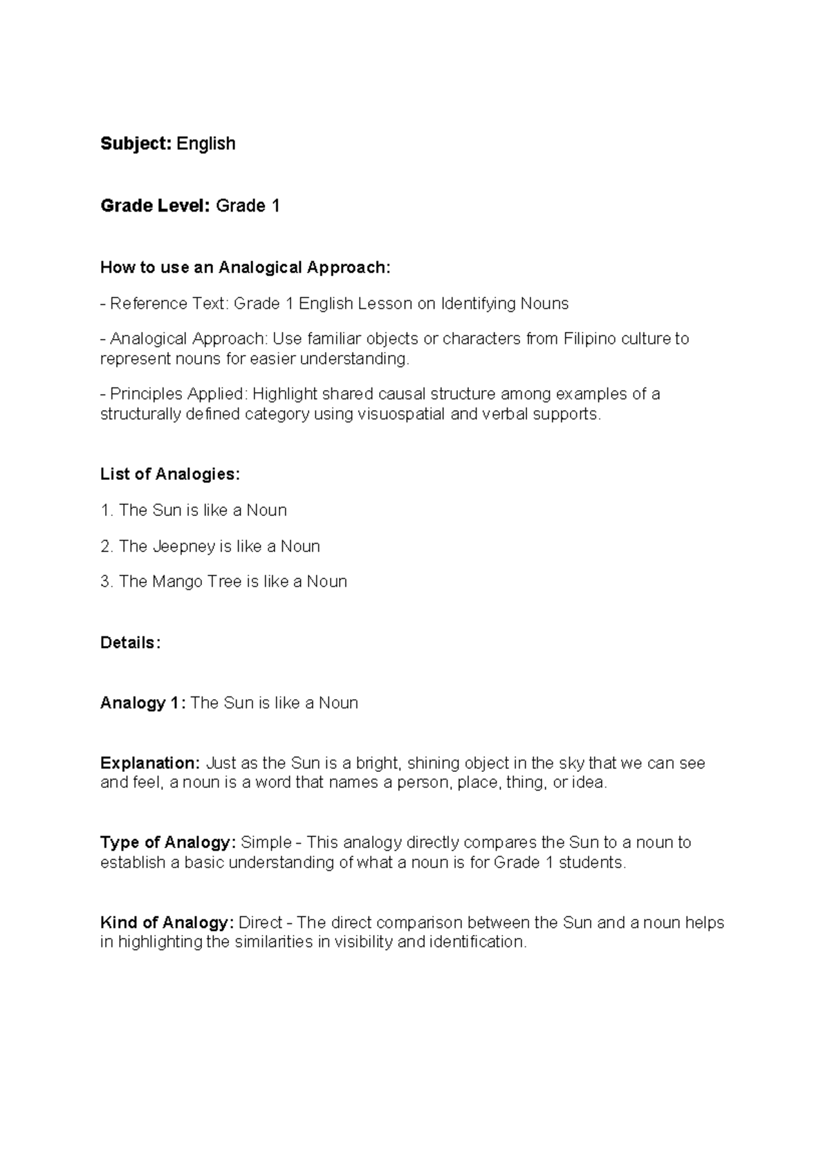 Analogy English - For lesson plan - Subject: English Grade Level: Grade ...