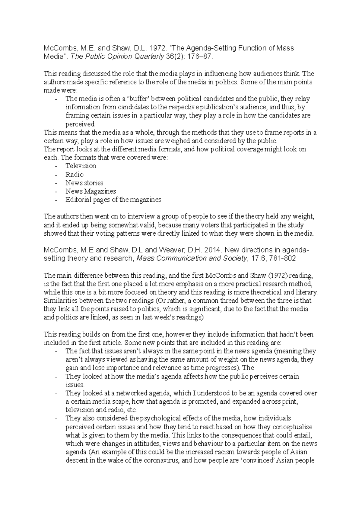 Mc Combs and shaw - McCombs, M. and Shaw, D. 1972. “The Agenda-Setting ...