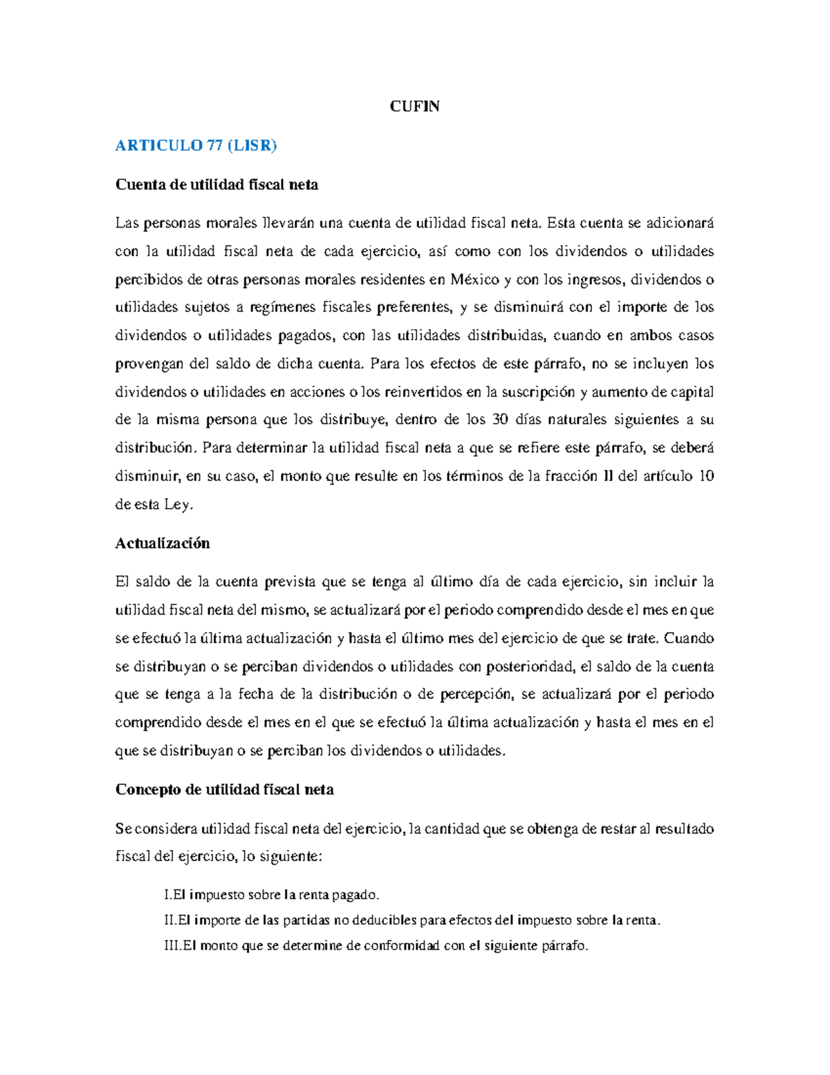 Cufin - CUFIN ARTICULO 77 (LISR) Cuenta de utilidad fiscal neta Las ...