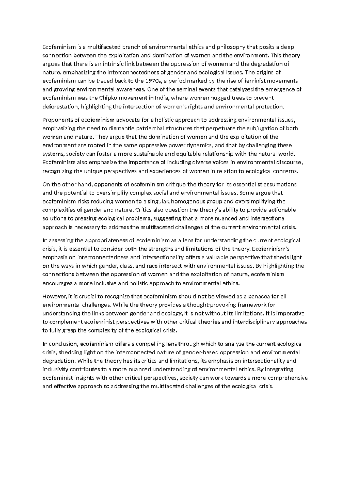 Draft For Ecofeminism Ecofeminism Is A Multifaceted Branch Of
