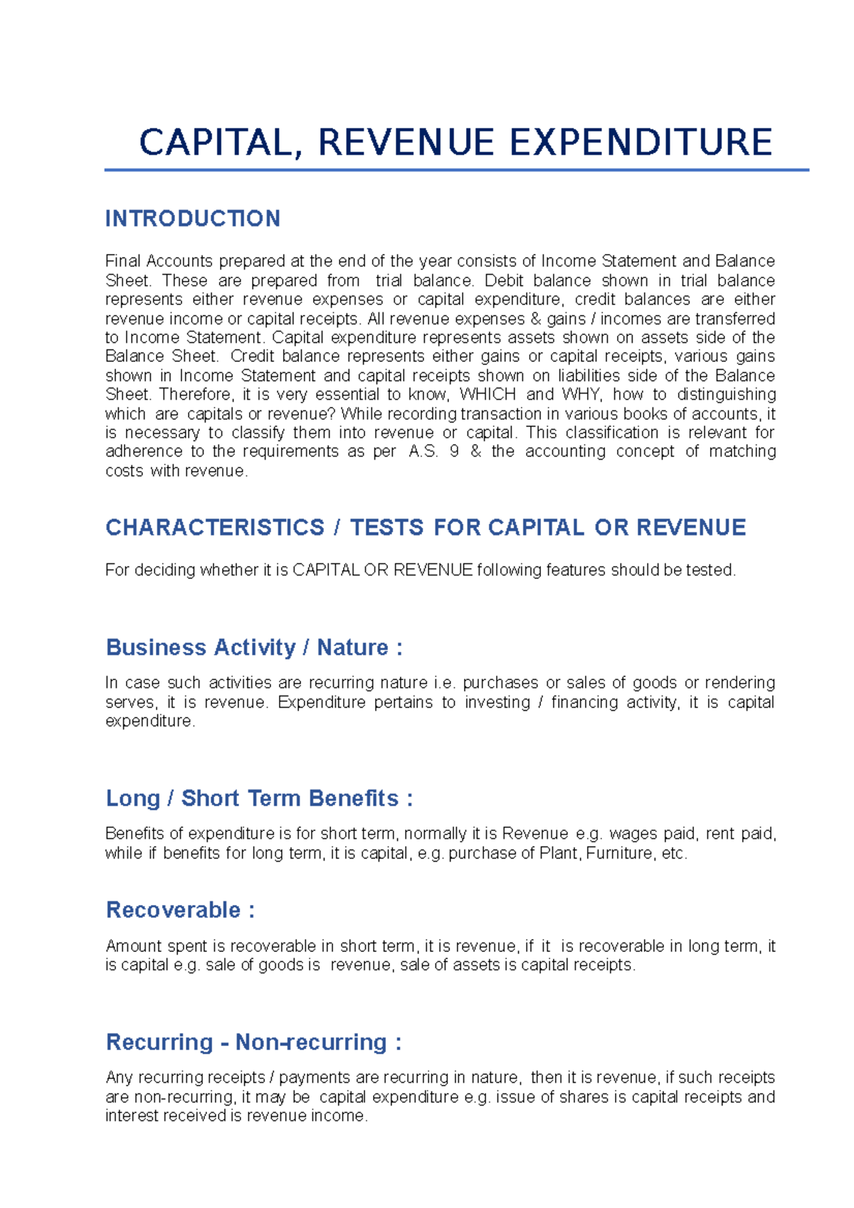 Capital, Revenue Expenditure - CAPITAL, REVENUE EXPENDITURE ...