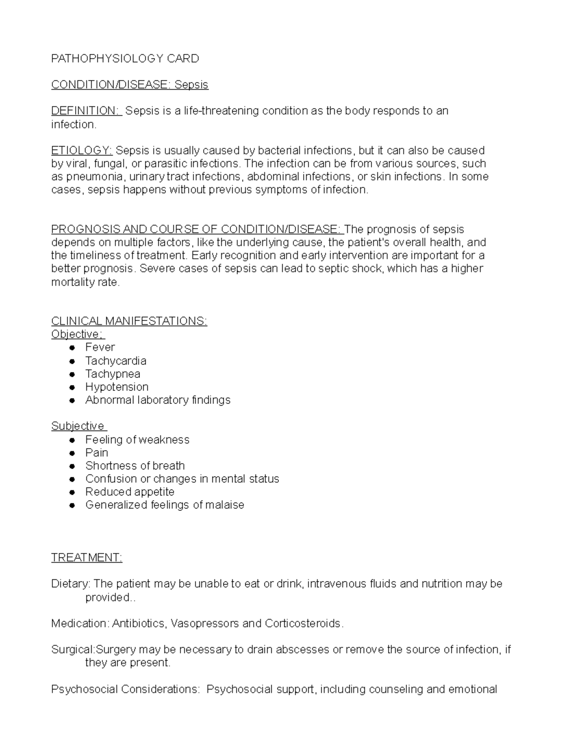 Patho sepsis - PATHOPHYSIOLOGY CARD CONDITION/DISEASE: Sepsis ...