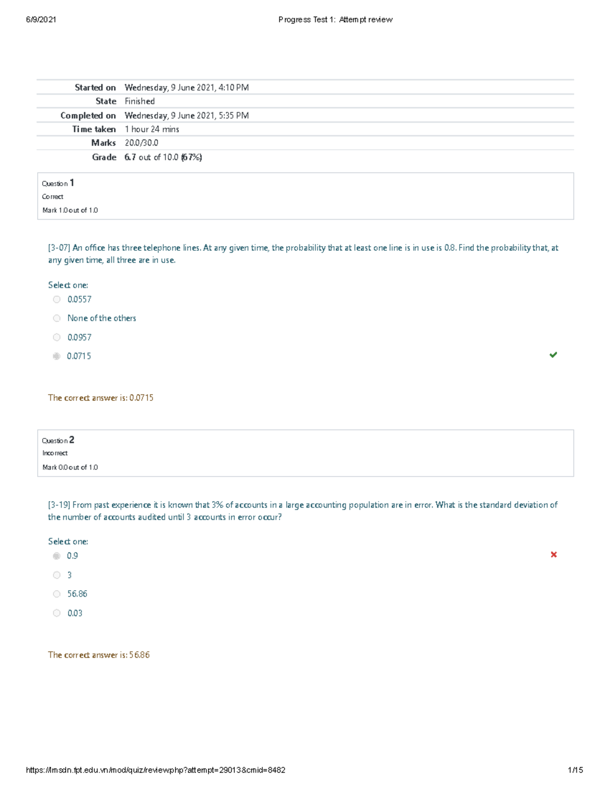 Progress Test 1 Attempt review - Started on Wednesday, 9 June 2021, 4: ...