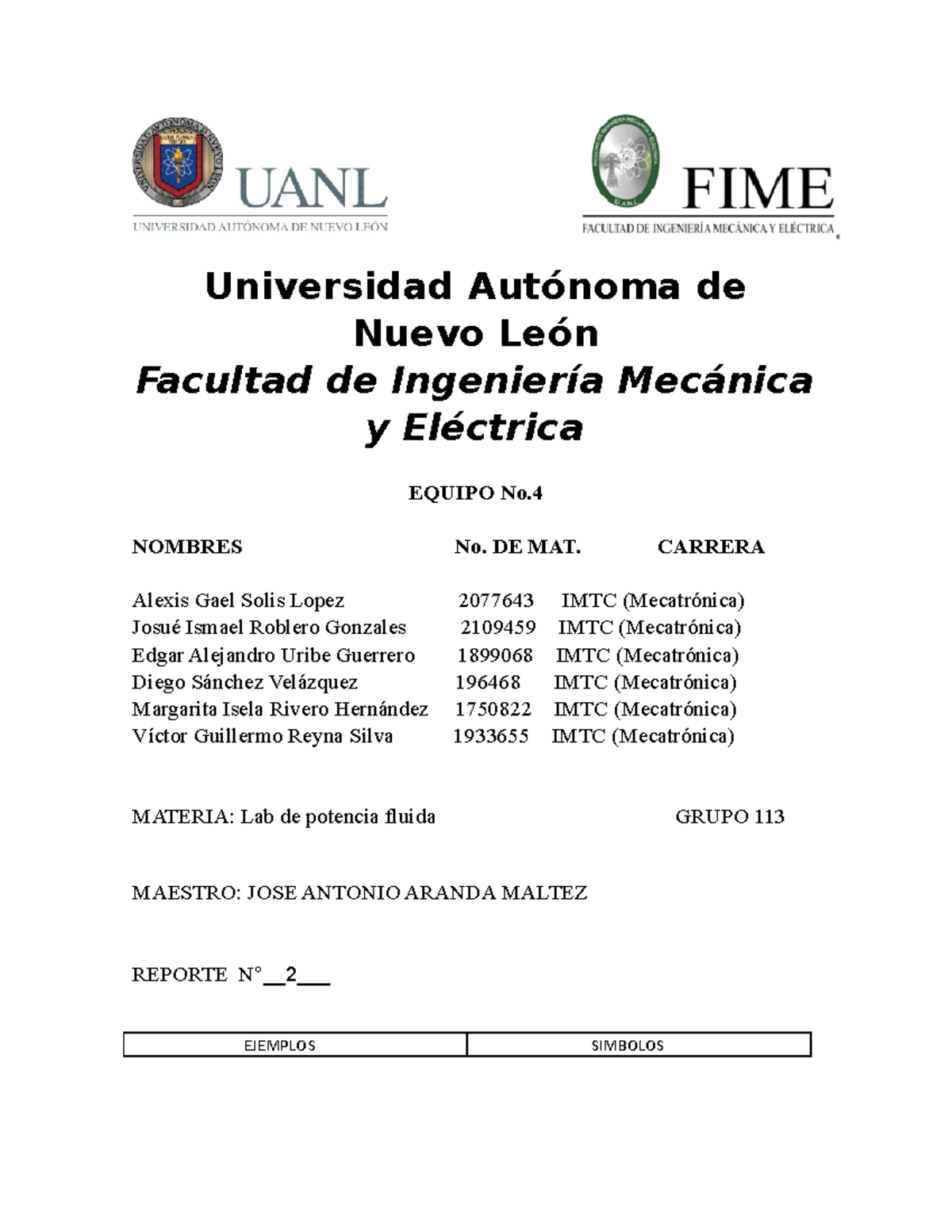 Reporte 2 Potencia Fluida - Universidad Autónoma de Nuevo León Facultad de Ingeniería Mecánica y ...