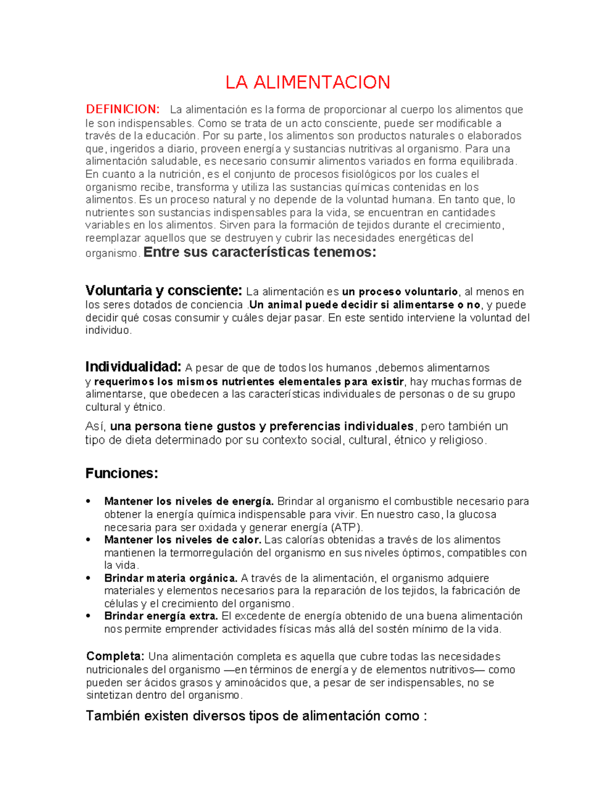 LA Alimentacion - Resumen Biología Celular - LA ALIMENTACION DEFINICION ...