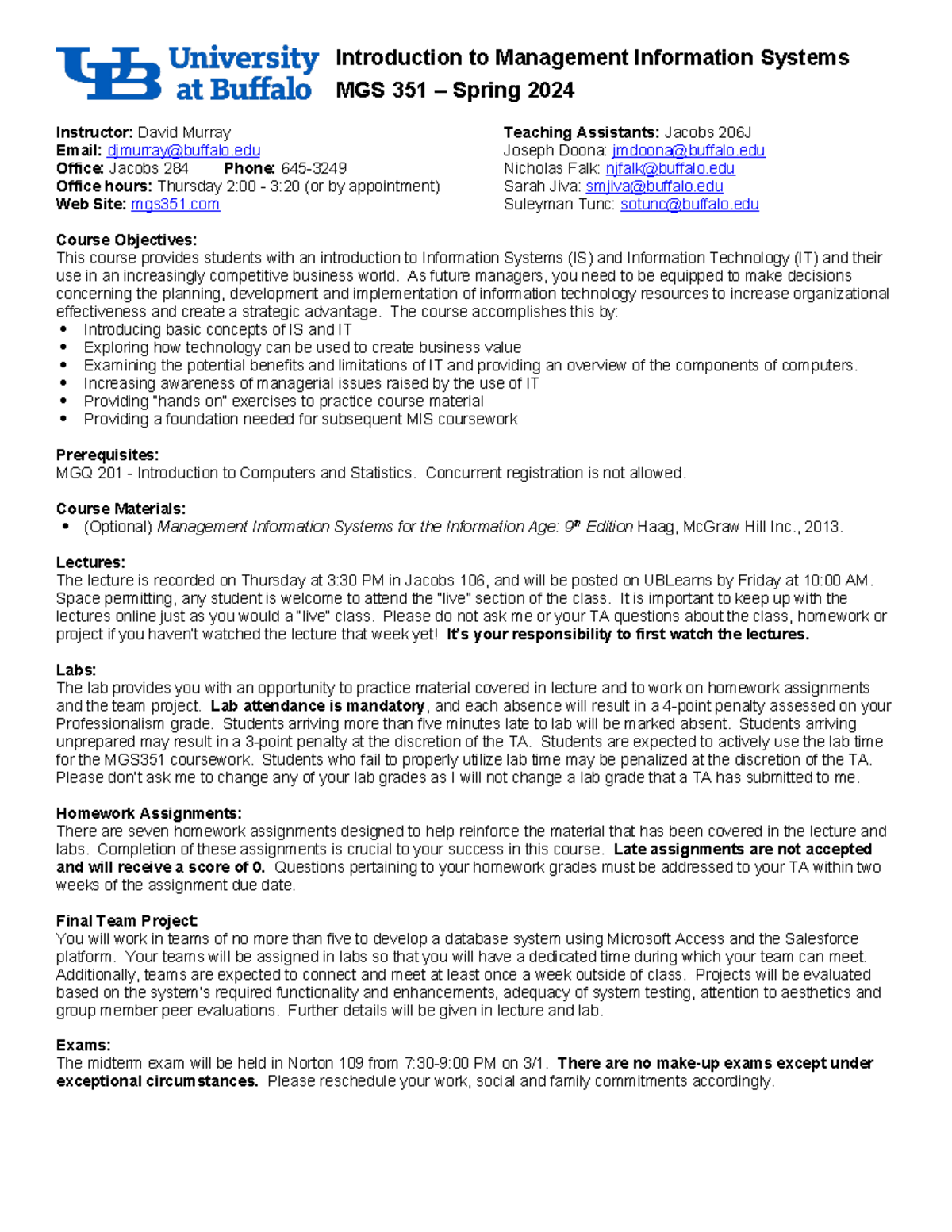 Syllabus - Introduction to Management Information Systems MGS 351 ...