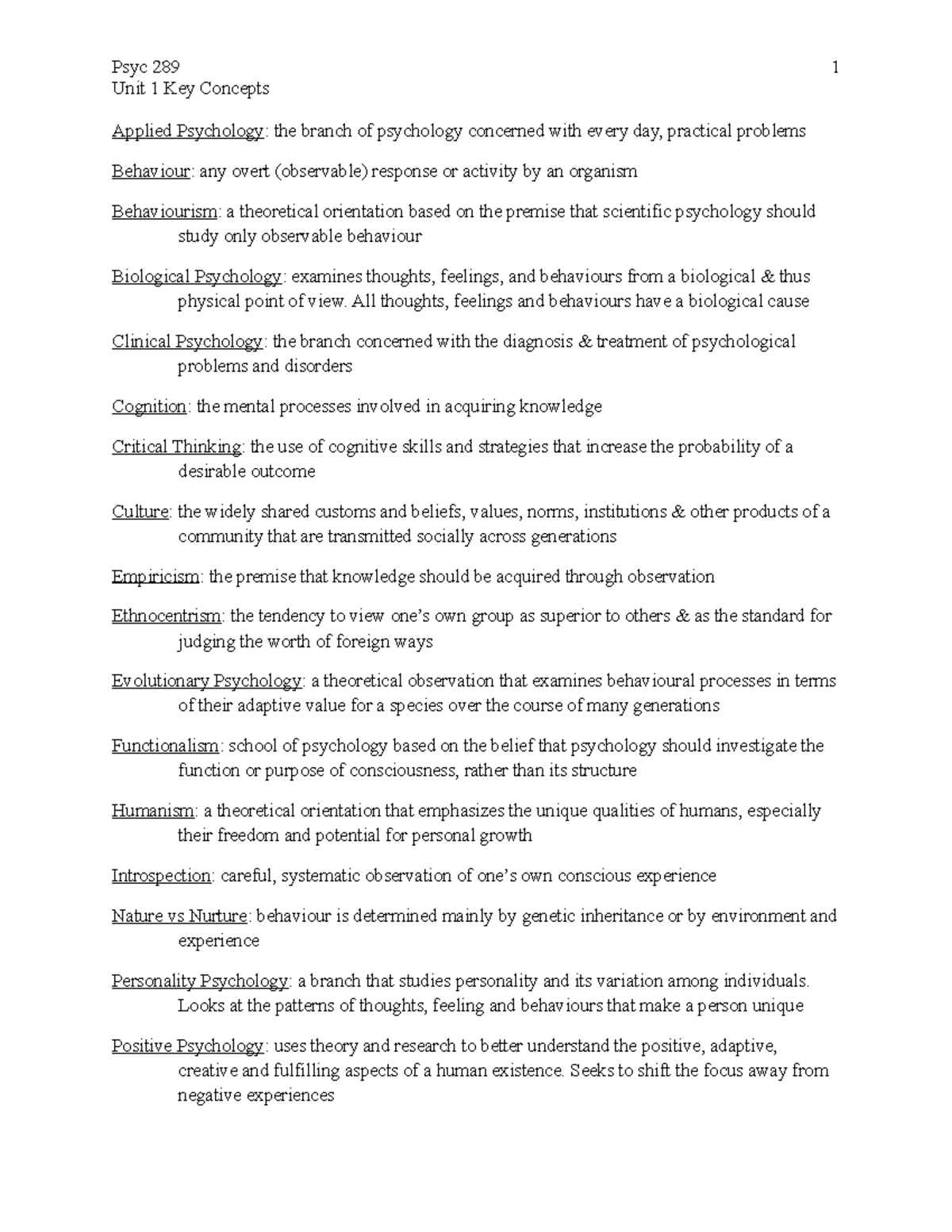 Unit 1 Key Concepts Lecture Notes 1 Psyc 289 1 Unit 1 Key Concepts Applied Psychology The
