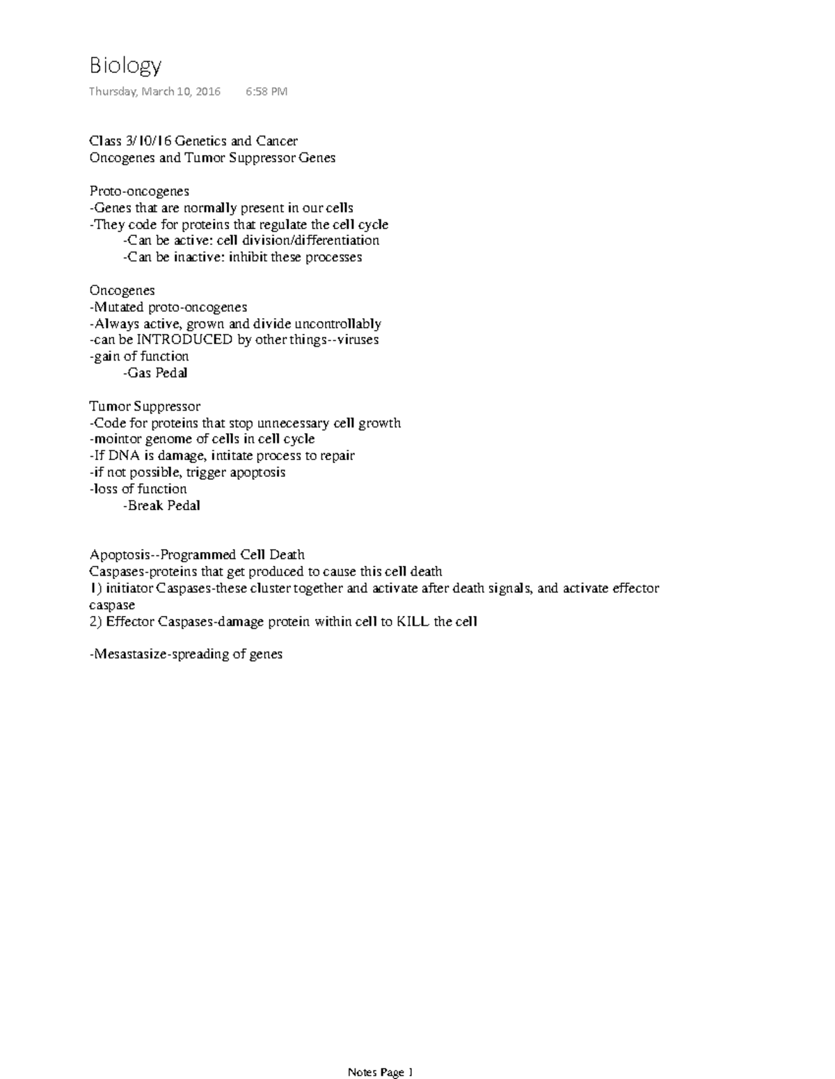 Genetics and cancer lecture notes - Biology Thursday, March 10, 2016 6: ...