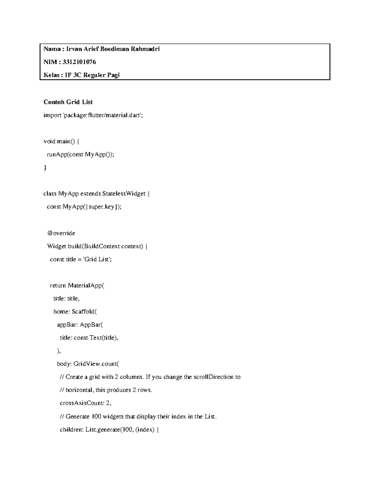 Gird list(pemrograman) - Nama : Irvan Arief Boediman Rahmadri NIM ...