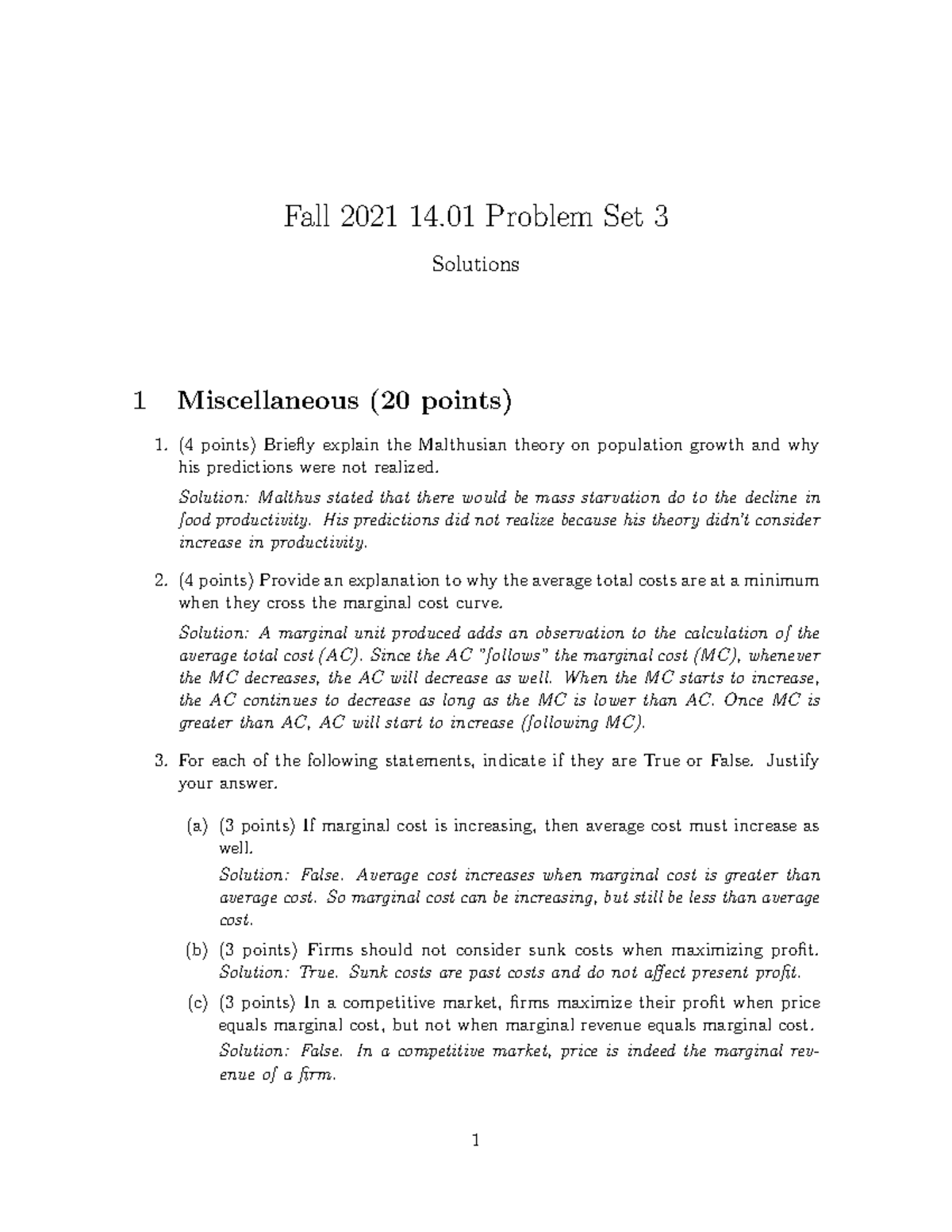 PSet3 Sol - Fall 2021 14 Problem Set 3 Solutions 1 Miscellaneous (20 points) (4 points) Briefly ...