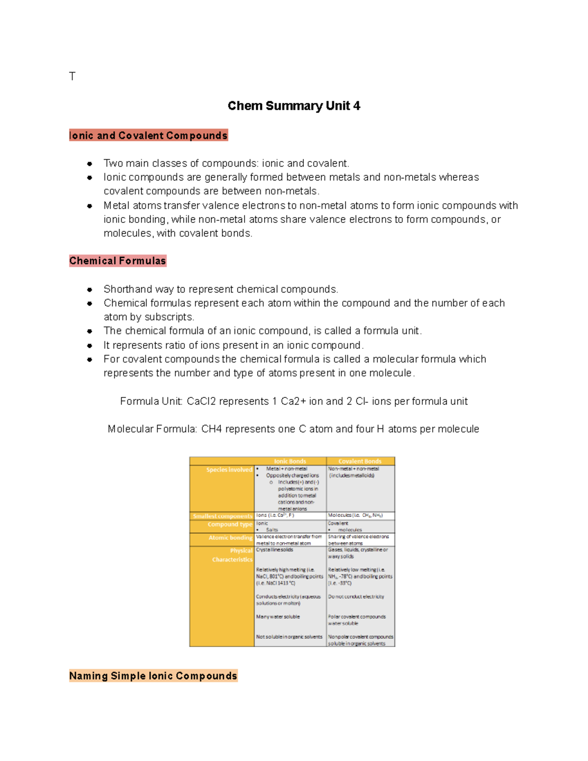 Chem 100 Summary Unit 4 - unit 4 - T Chem Summary Unit 4 Ionic and ...