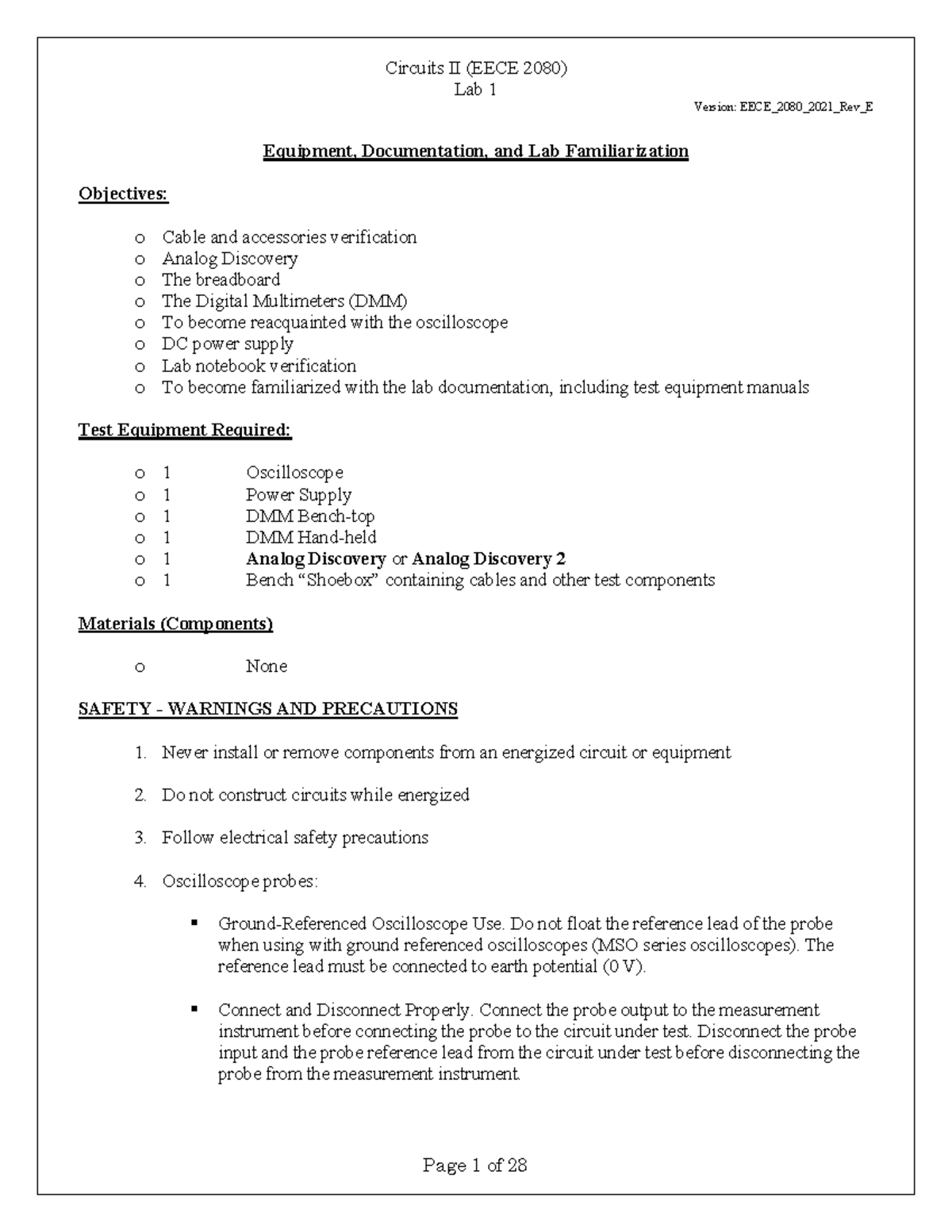 EECE 2080 Lab 01 - lab1 - Lab 1 Version: EECE_2080_2021_Rev_E Equipment, Documentation, and Lab ...