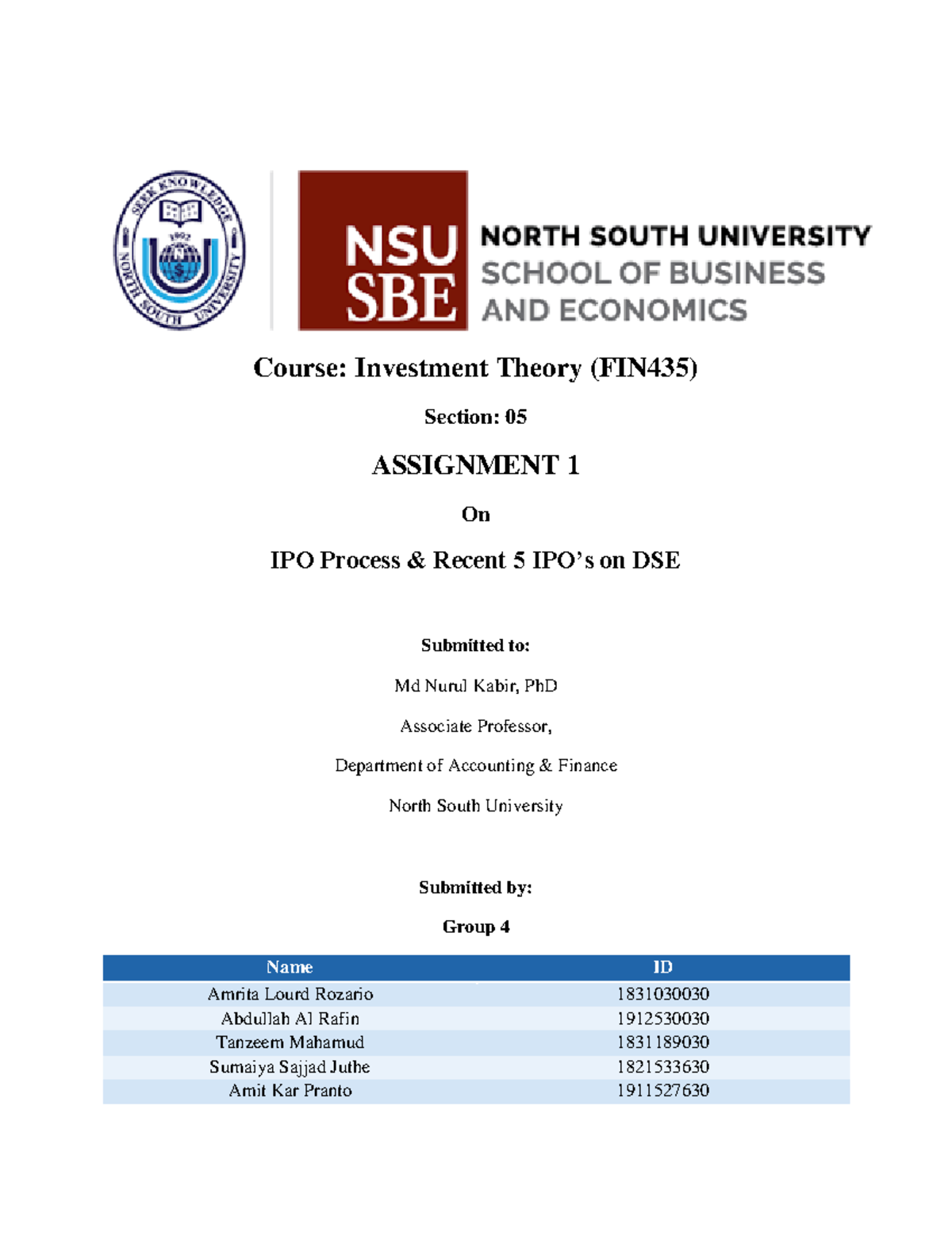 Fin435-Assignment-1 - Finance 435 report - Course: Investment Theory (FIN435) Section: 05 ...