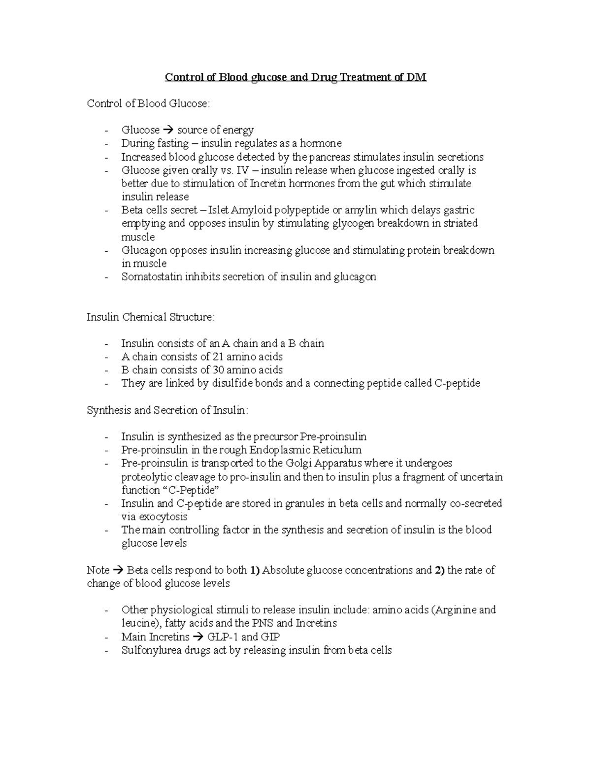 322 Diabetes Notes - Control of Blood glucose and Drug Treatment of DM ...