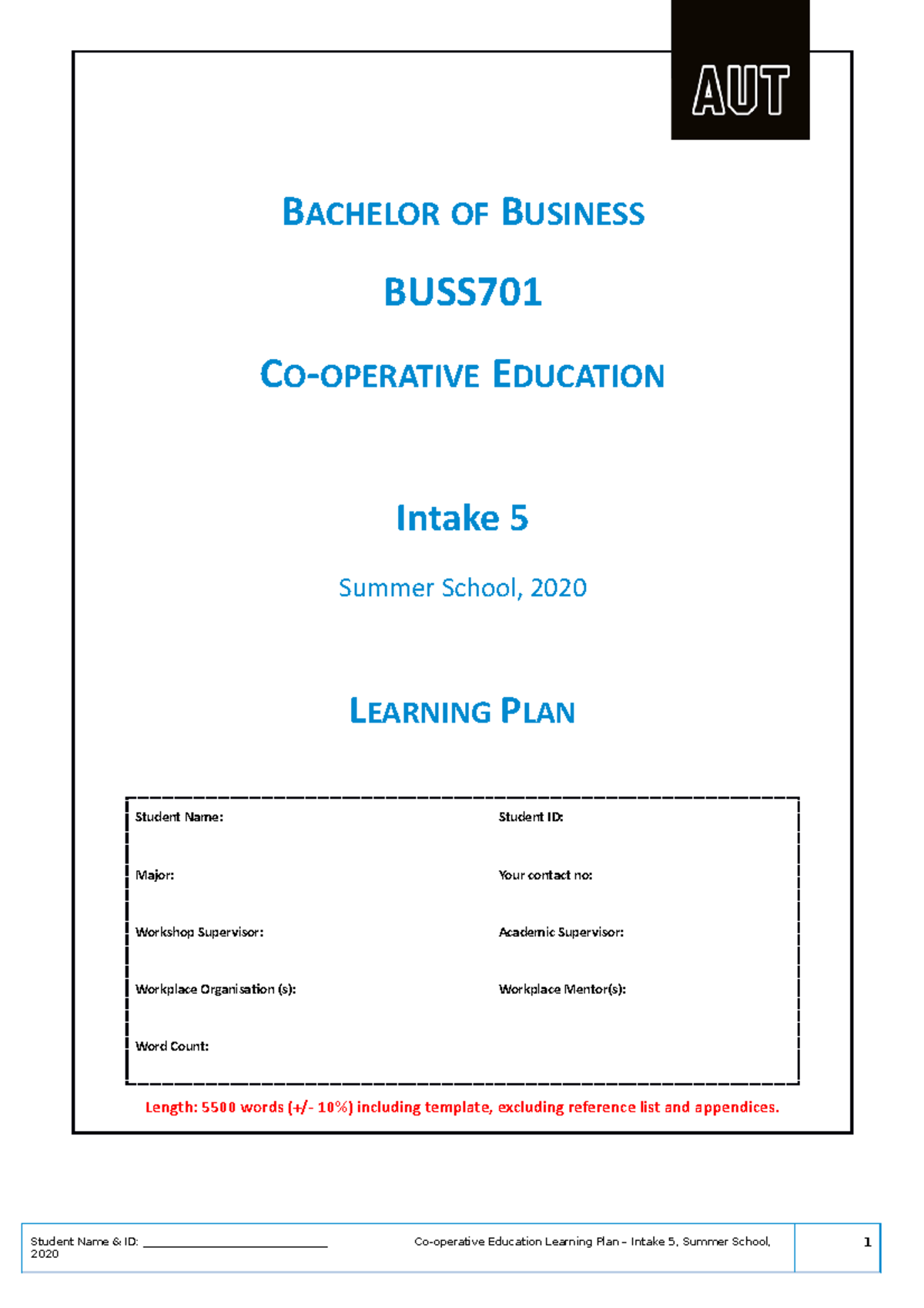 Learning Plan Template Intake 5 2020 - BACHELOR OF BUSINESS BUSS CO ...