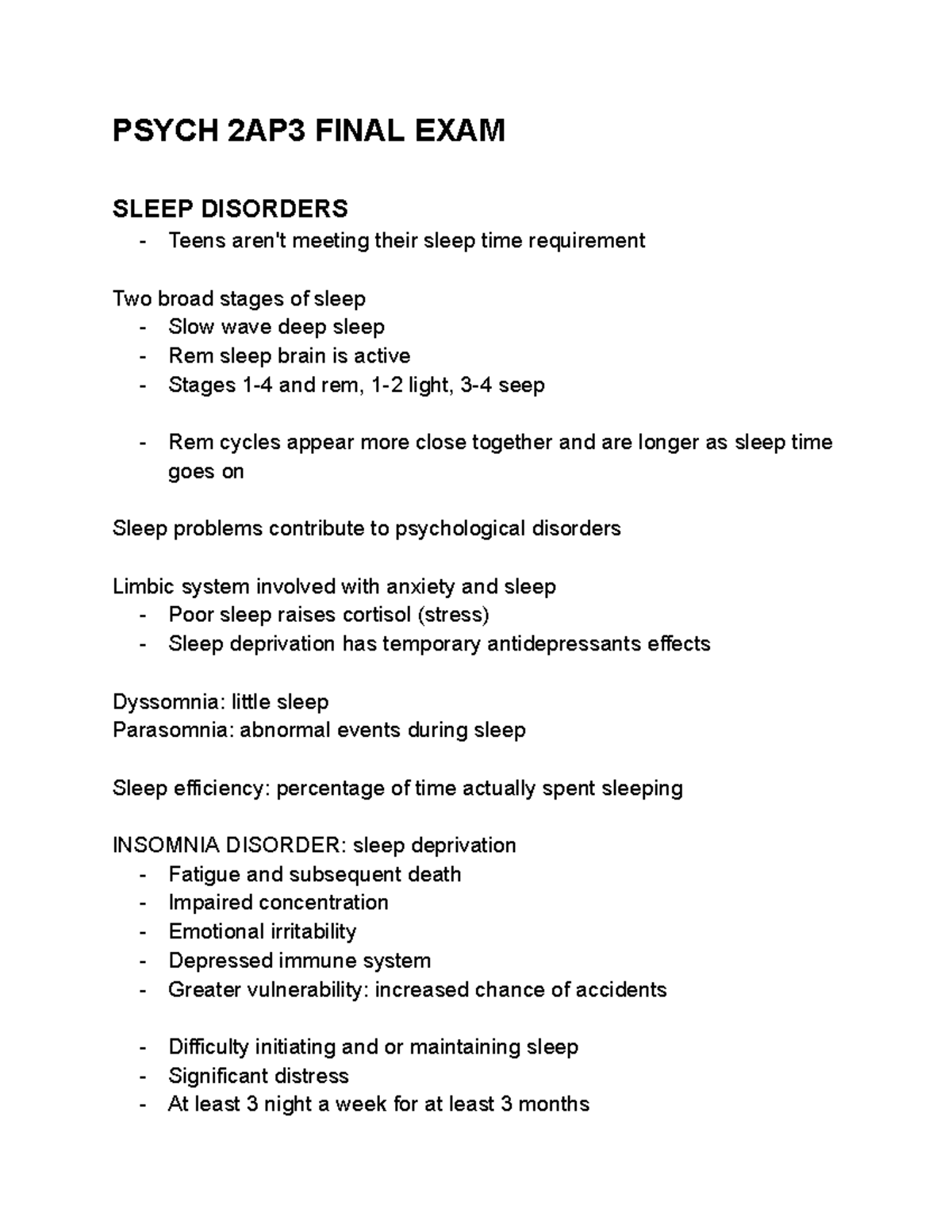 Psych 2AP3 Final EXAM - PSYCH 2AP3 FINAL EXAM SLEEP DISORDERS Teens ...