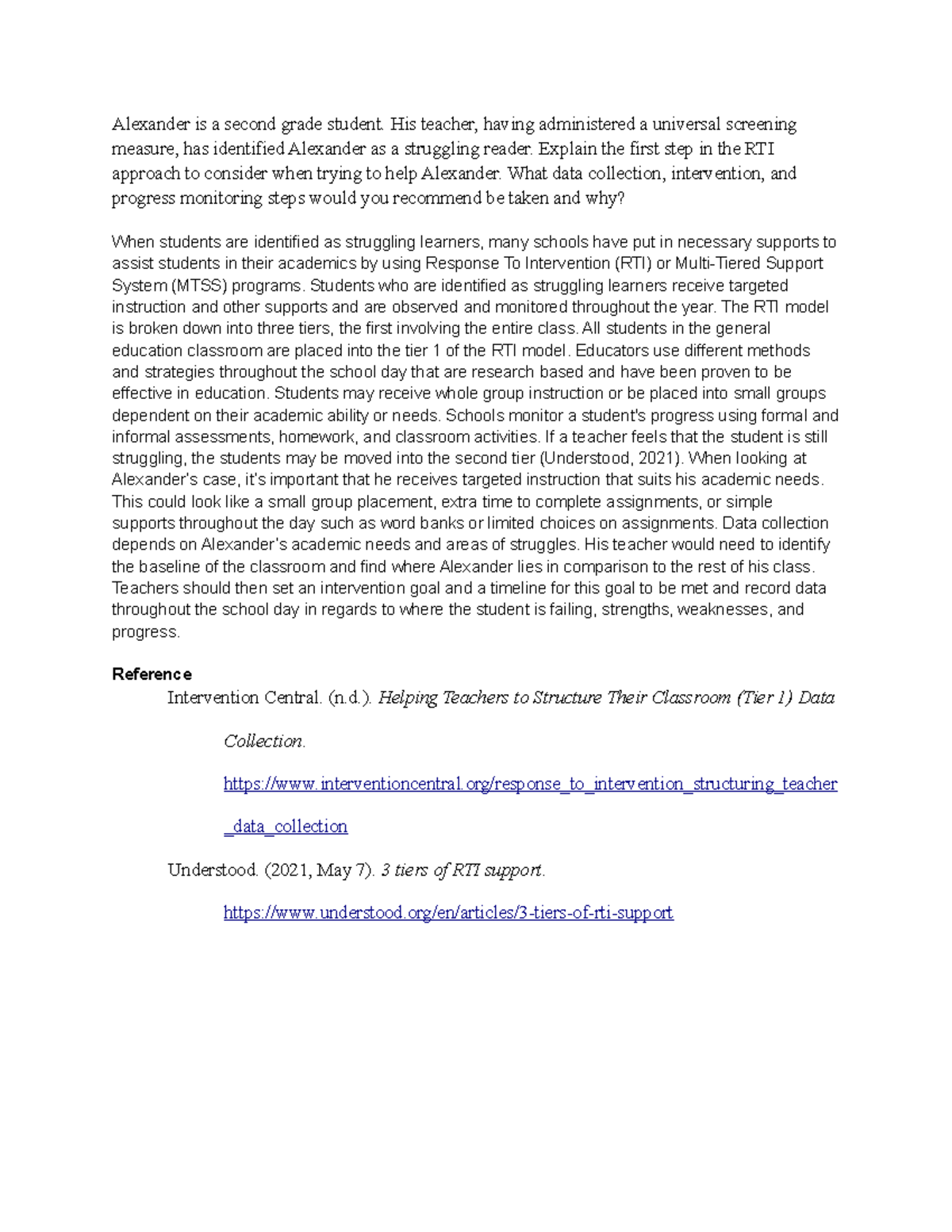 GCU SPD-320 Topic 3 Discussion Questions - Alexander is a second grade ...