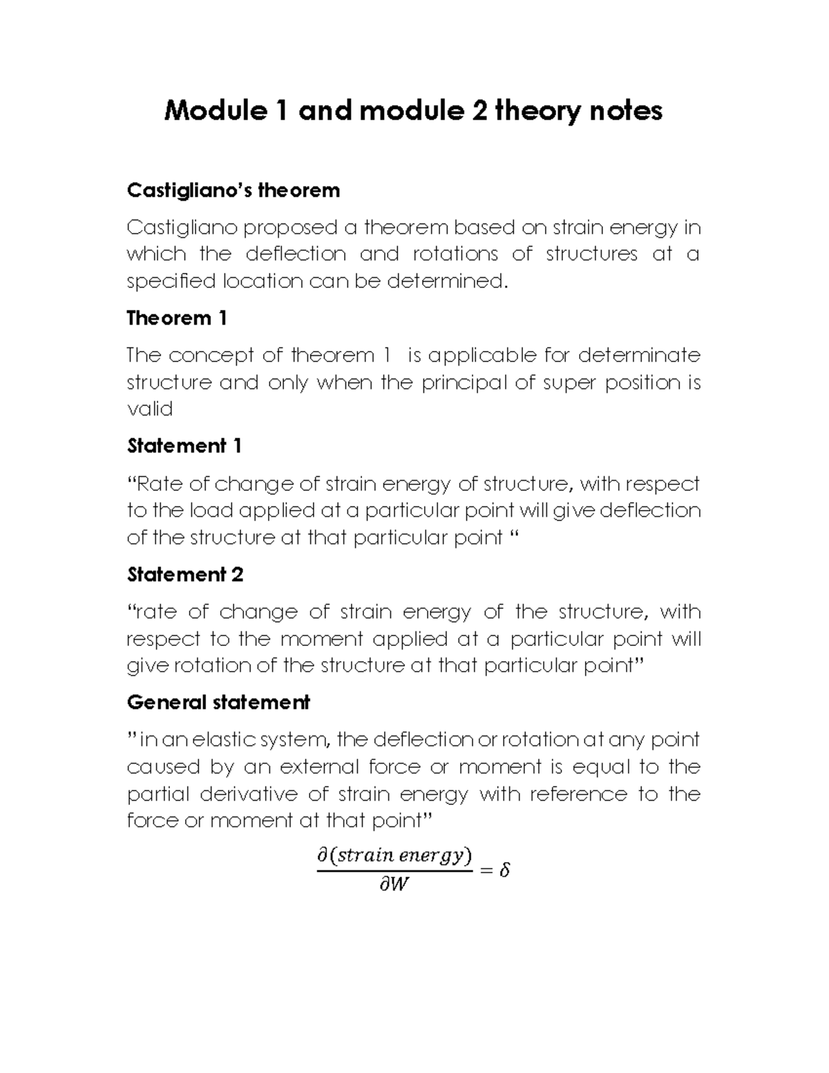 Castigliano's Theorem - Module 1 and module 2 theory notes Castigliano ...