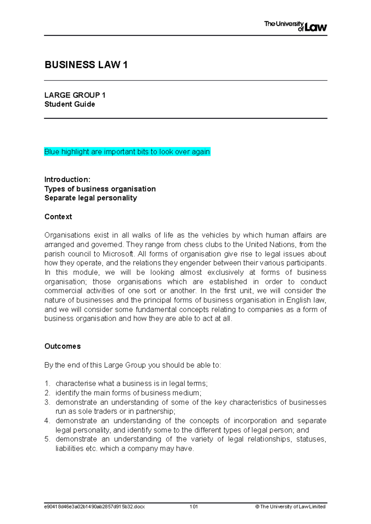 Business law student guide UNIT 1 copy - BUSINESS LAW 1 LARGE GROUP 1 ...