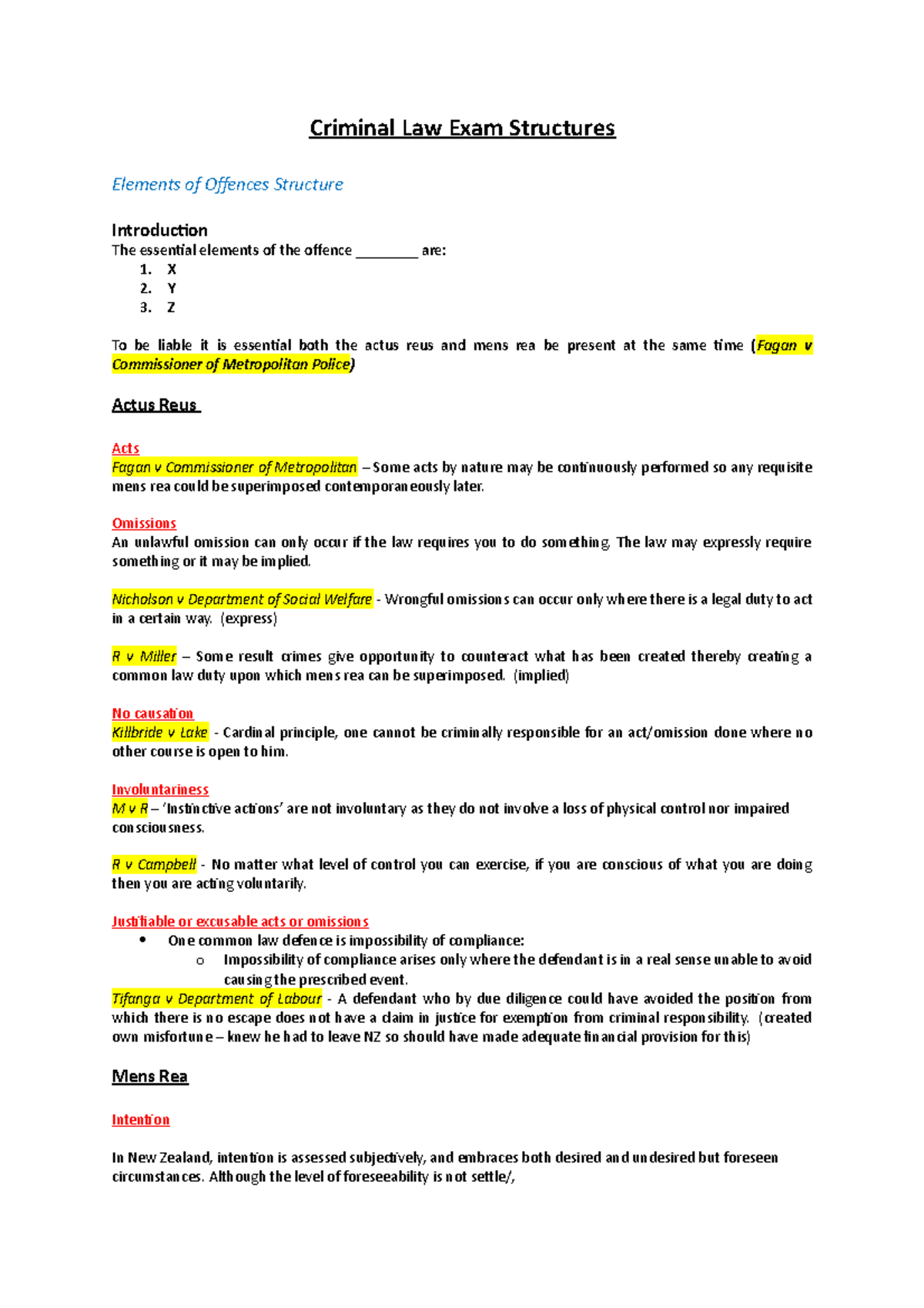 Criminal Law Exam Structures - Criminal Law Exam Structures Elements of ...