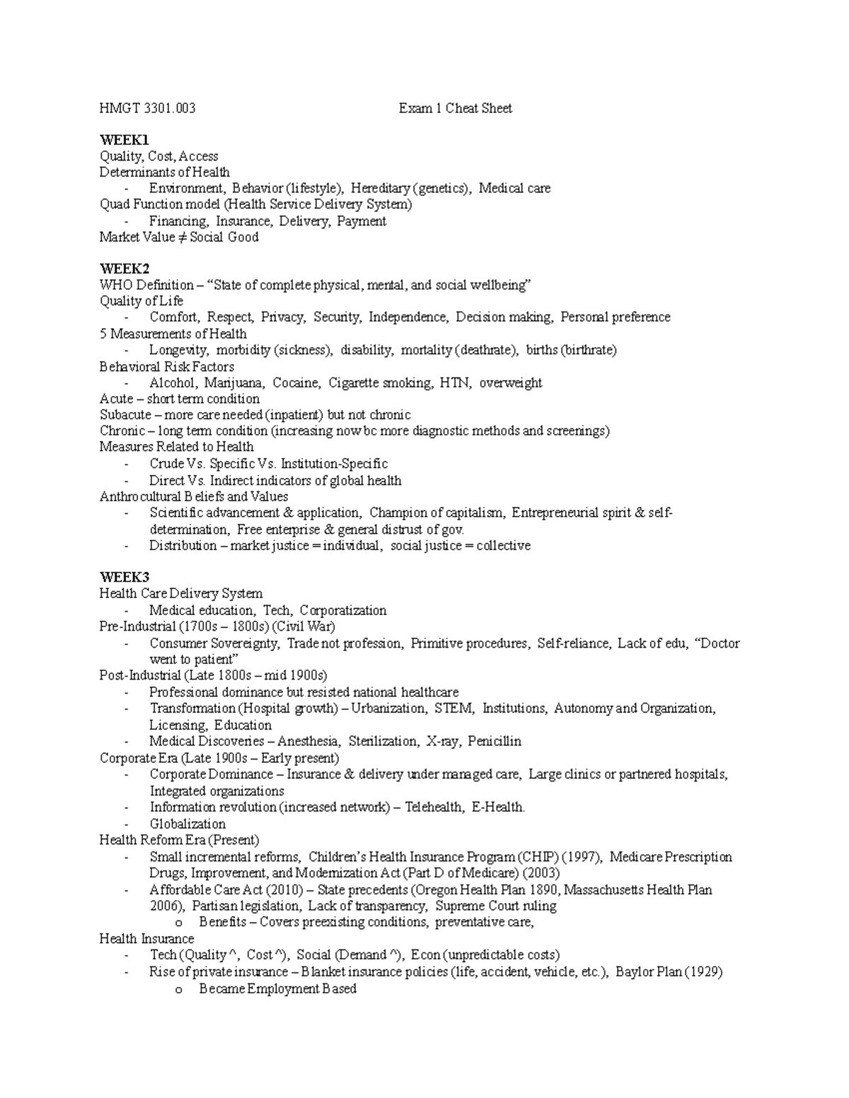 HMGT Exam 1 Cheat Sheet - Exam 1 Content - HMGT 3301 Exam 1 Cheat Sheet WEEK Quality, Cost ...