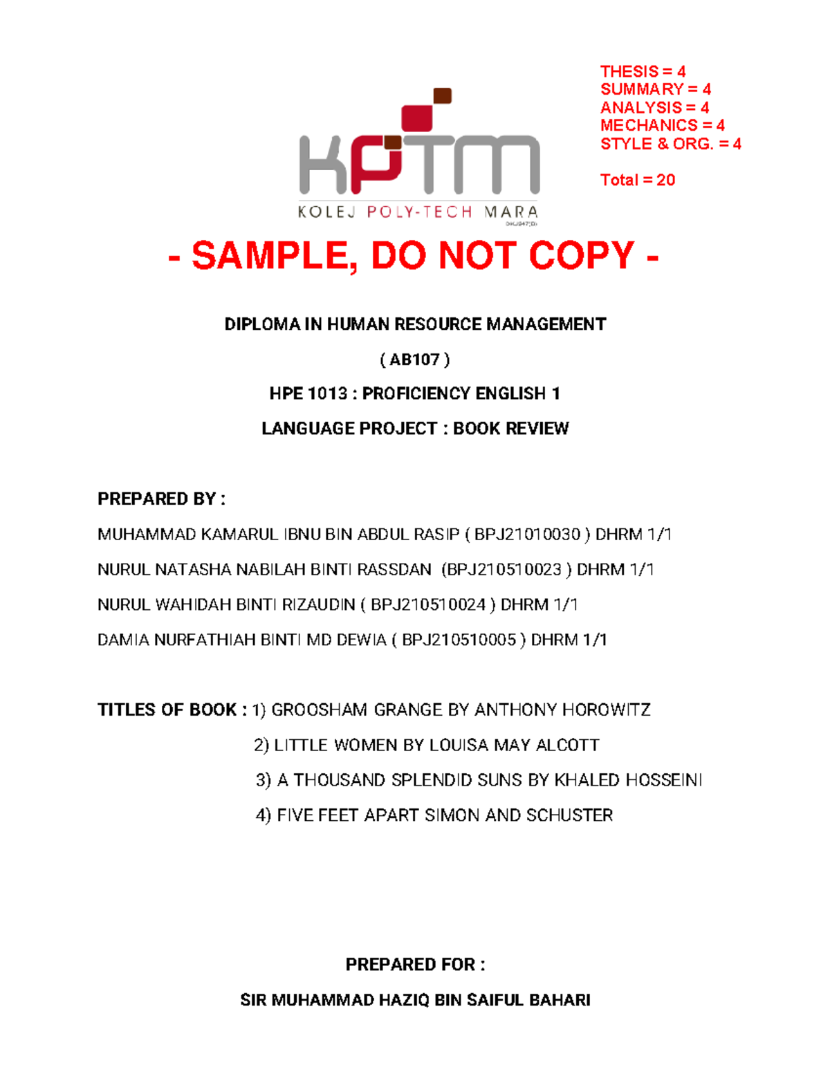Sample of Assignment Language Project Book Review - Human Resource ...