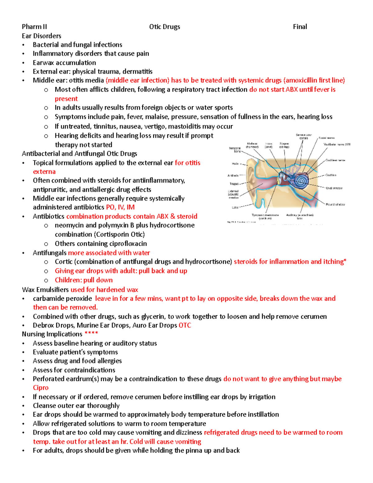 Otic pharm - otic drugs notes - Pharm II Otic Drugs Final Ear Disorders ...