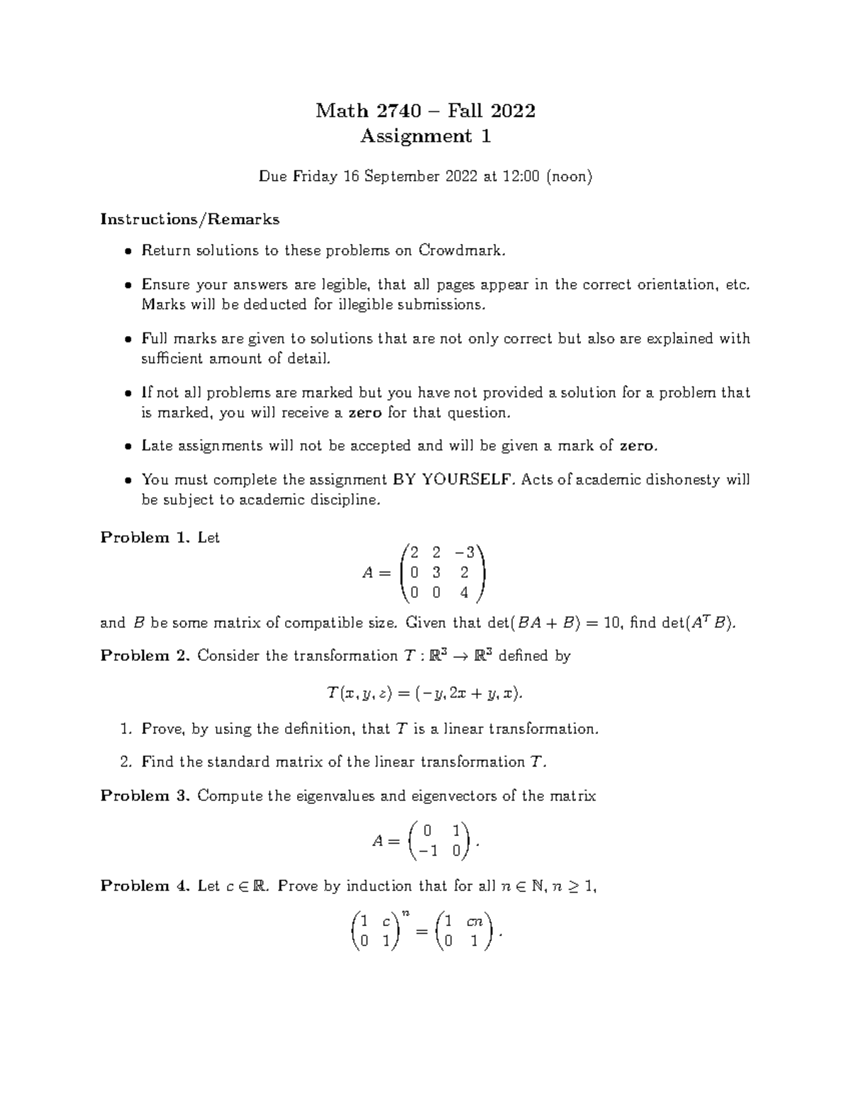 MATH2740-Assignment 01 - Math 2740 – Fall 2022 Assignment 1 Due Friday ...