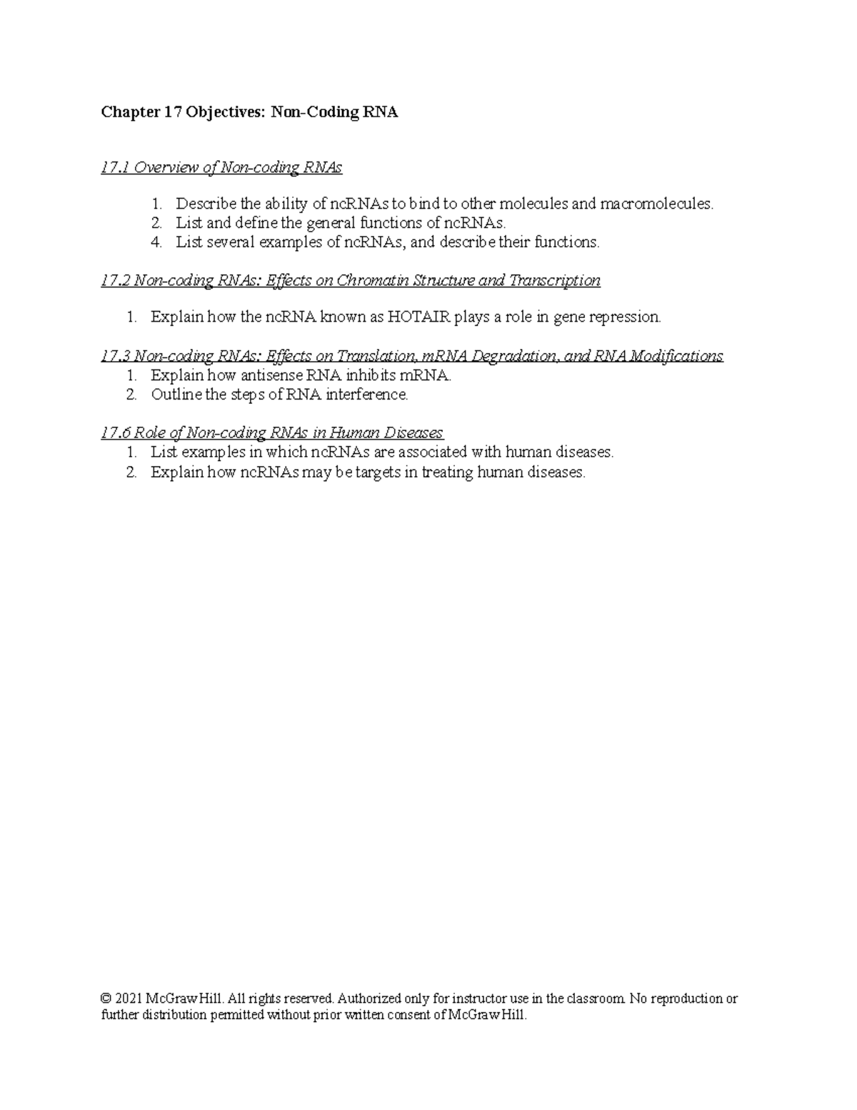 Chapter 17 Objectives Non coding RNAs - Chapter 17 Objectives: Non ...