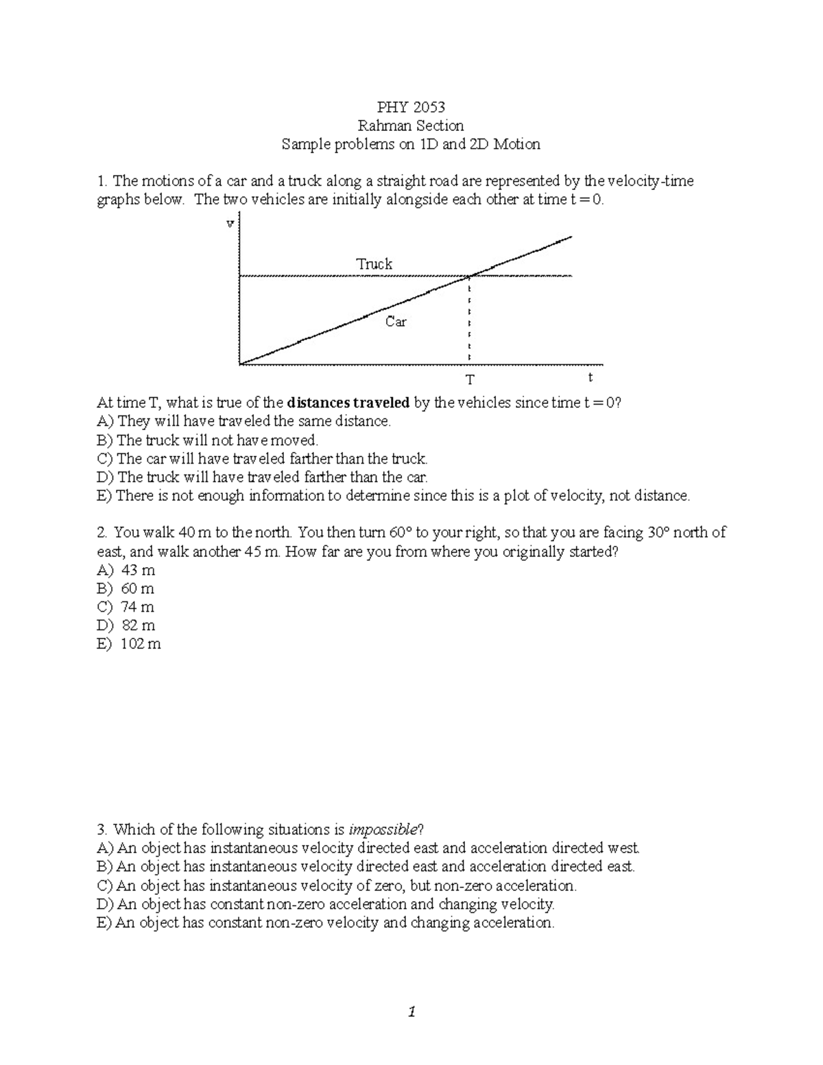 Problems 1D 2D Motion - PHY 2053 Rahman Section Sample problems on 1D ...