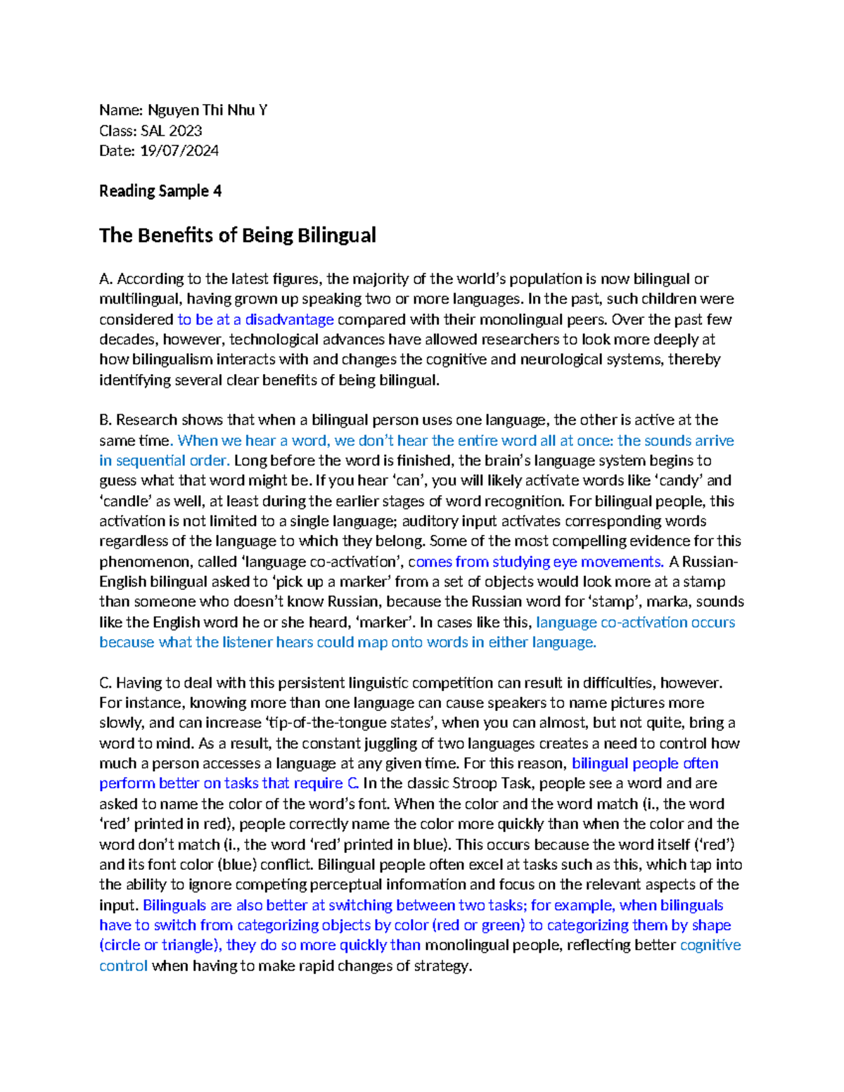 Reading Sample 4 - English - Name: Nguyen Thi Nhu Y Class: SAL 2023 ...