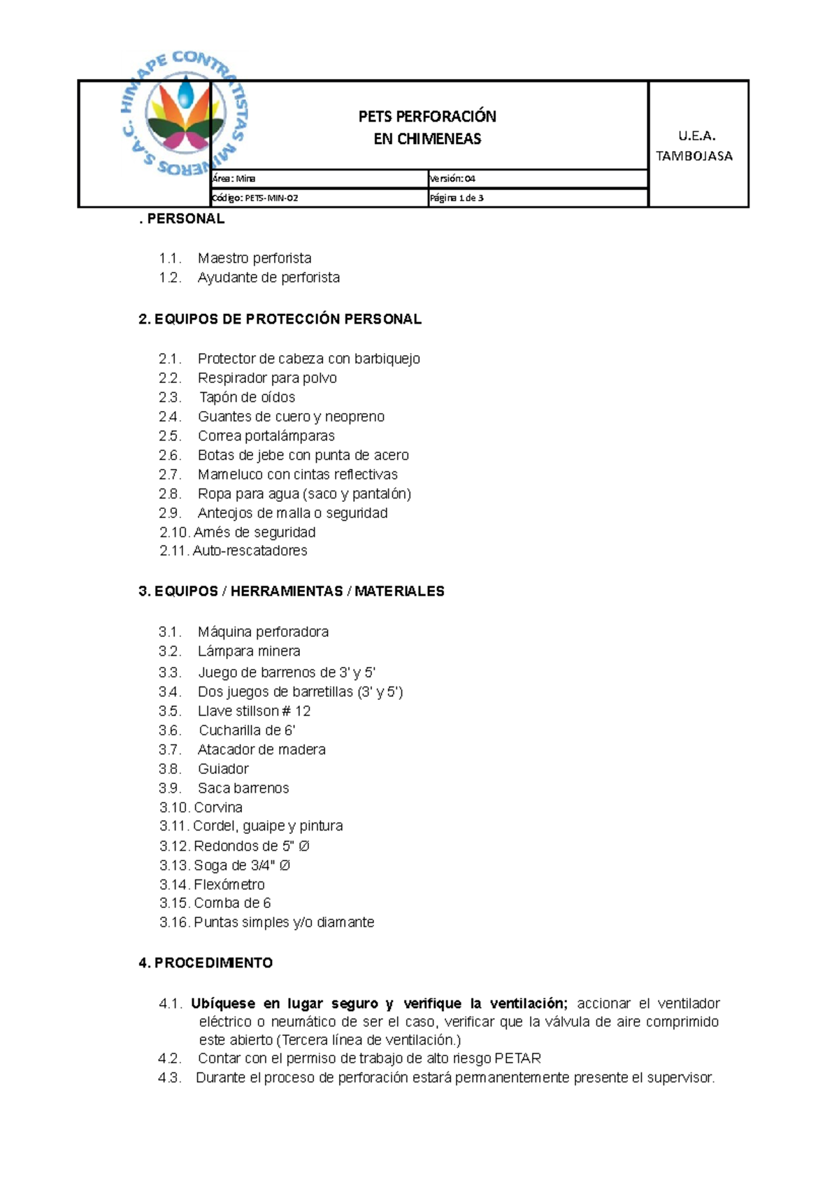 02 Pets Perforacion en CHimeneas - . PERSONAL Maestro perforista ...