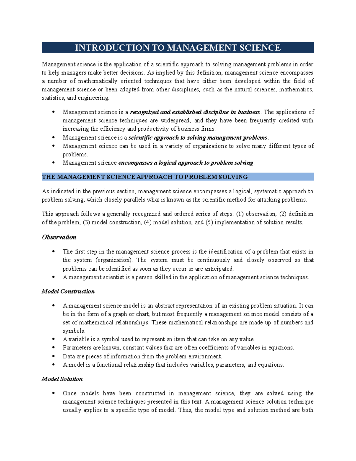 Introduction TO Management Science - INTRODUCTION TO MANAGEMENT SCIENCE ...