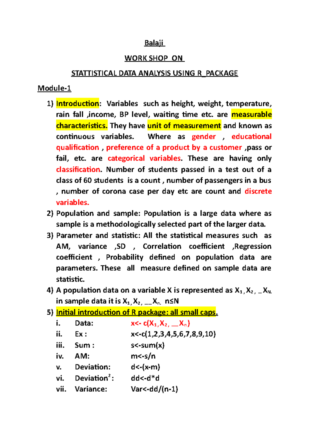 Balaji-Module -1-Module 1 - Balaji WORK SHOP ON STATTISTICAL DATA ...