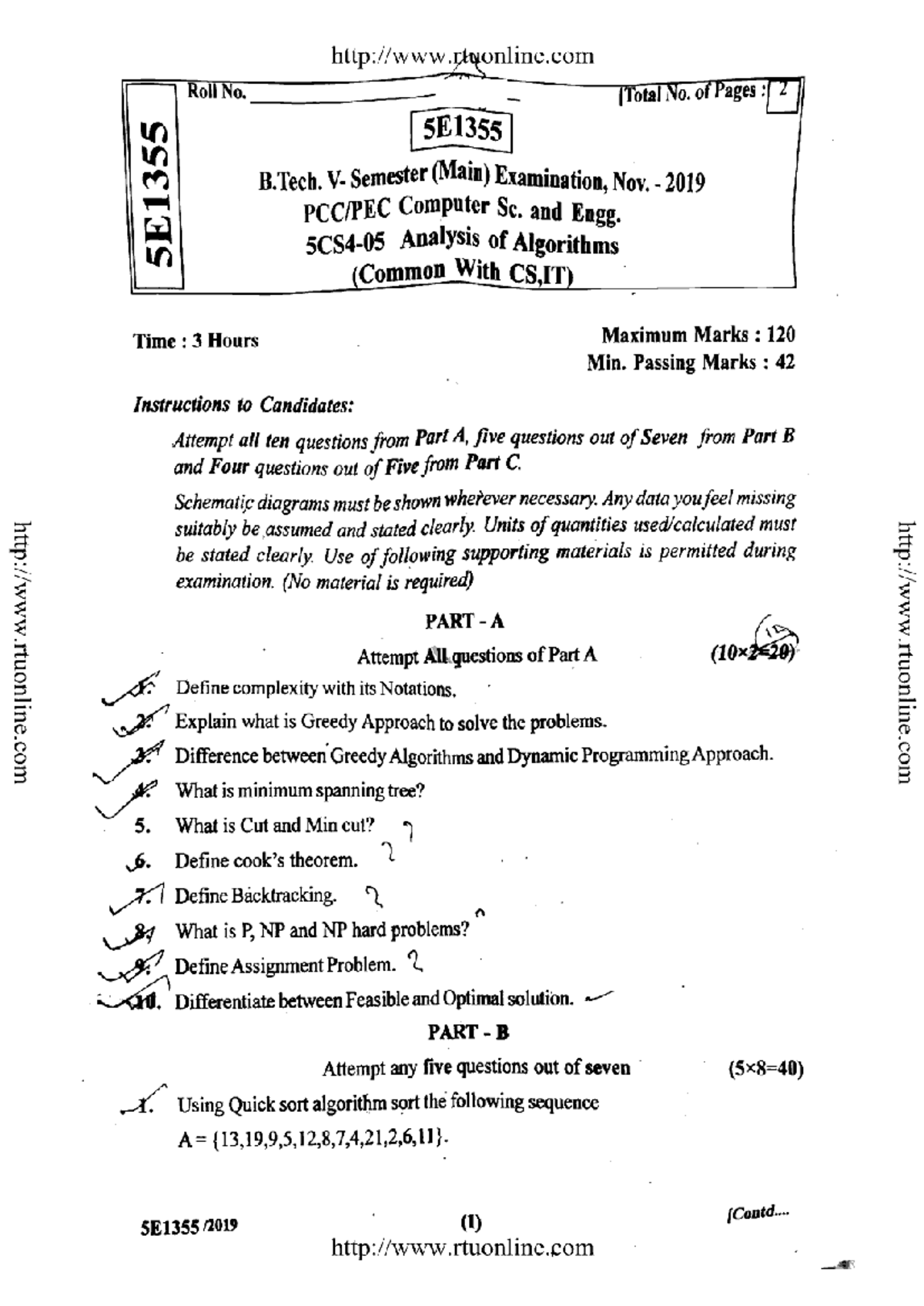 Btech Cs It 5 Sem Analysis Of Algorithms 5e1355 Nov 2019 Roll No Total No Of Pages 2