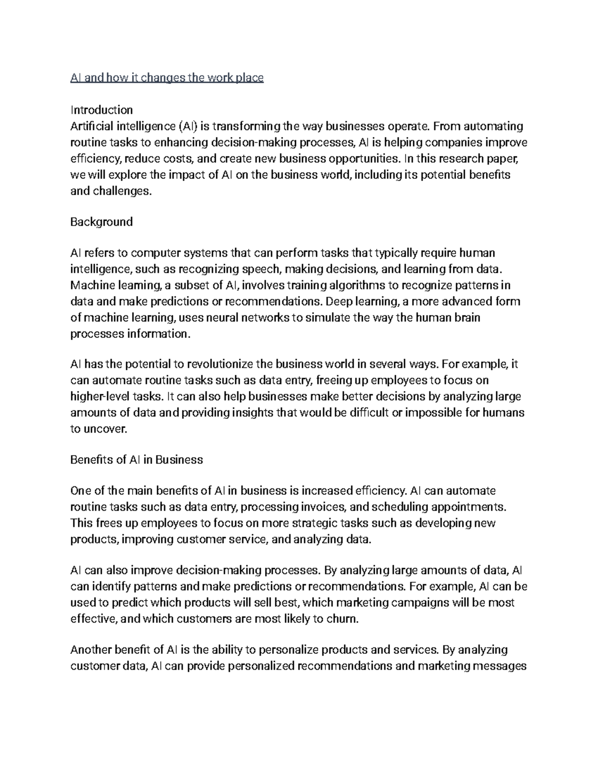 Research paper - Essay on Ai in the workplace - AI and how it changes ...