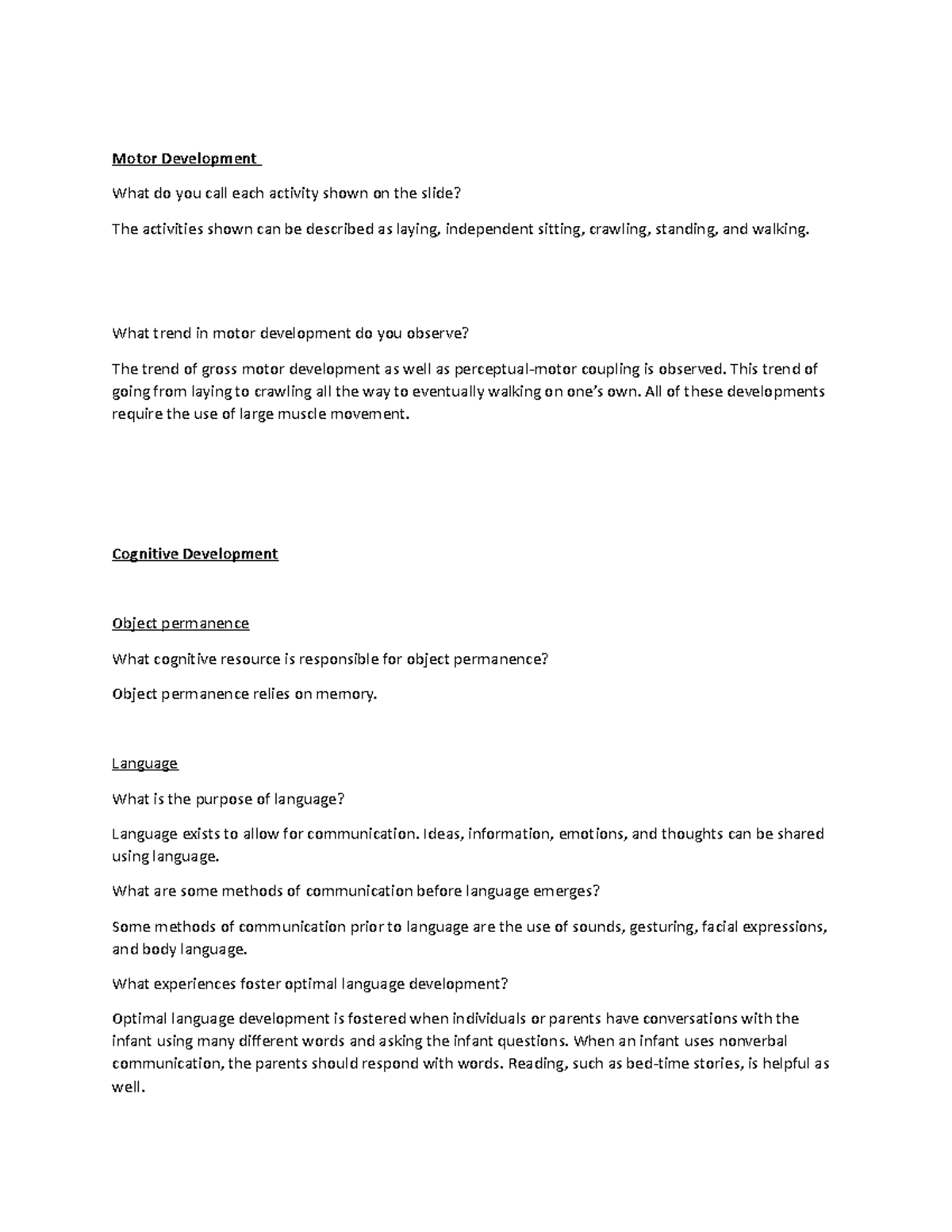 Lecture notes for Worksheet - infant physical cognitive - Motor ...