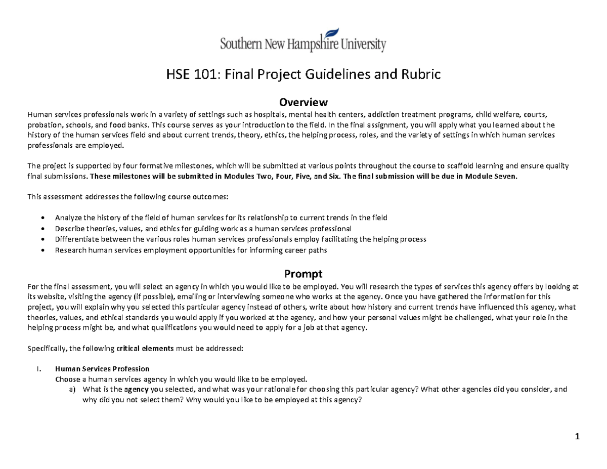 HSE 101 Final Project Guidelines and Rubric - HSE 101: Final Project ...