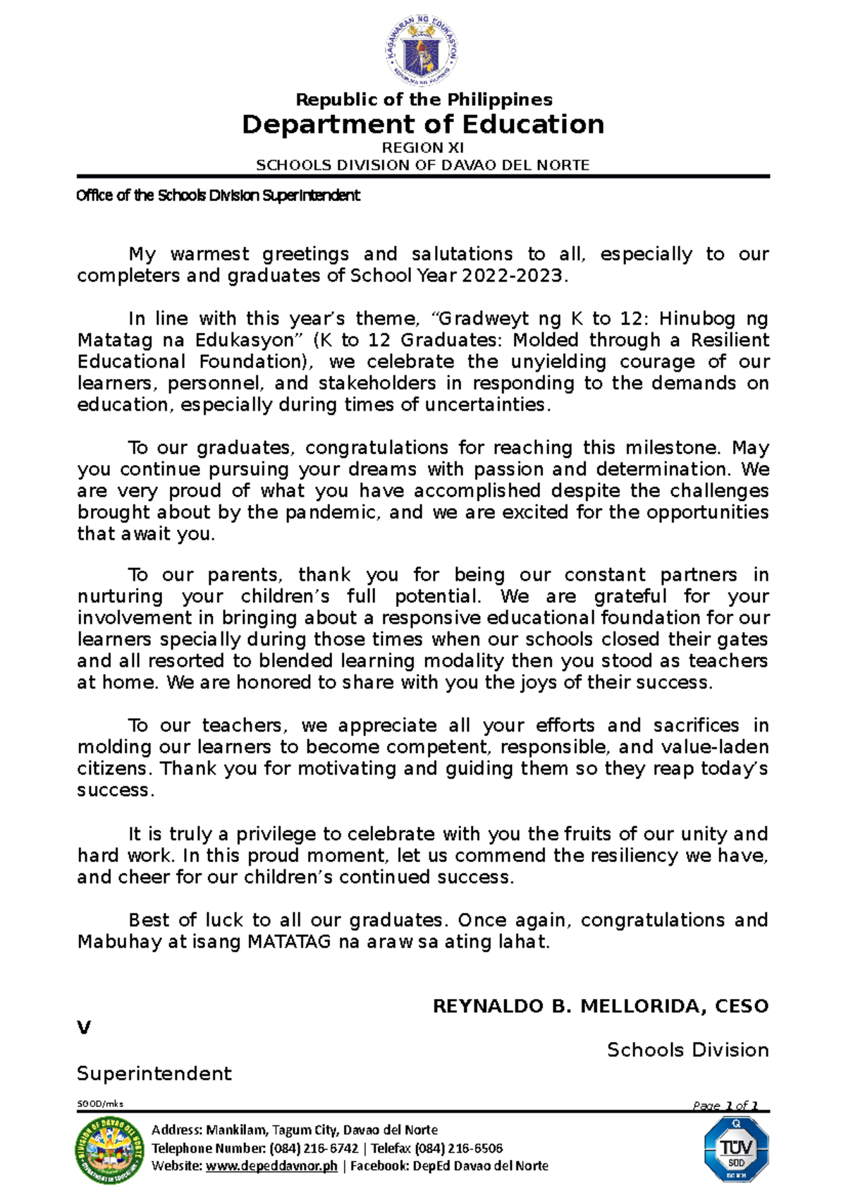 Graduation-Message 2 - Graduation Message - Republic of the Philippines ...