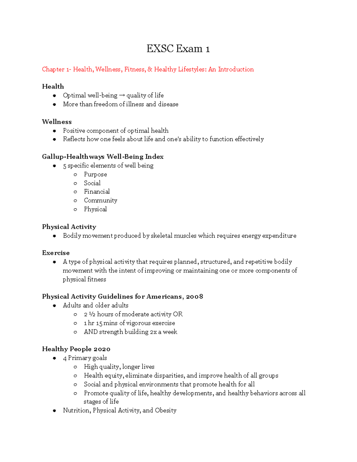 EXSC exam 1 - Lecture notes 1-4 - EXSC Exam 1 Chapter Health, Wellness ...