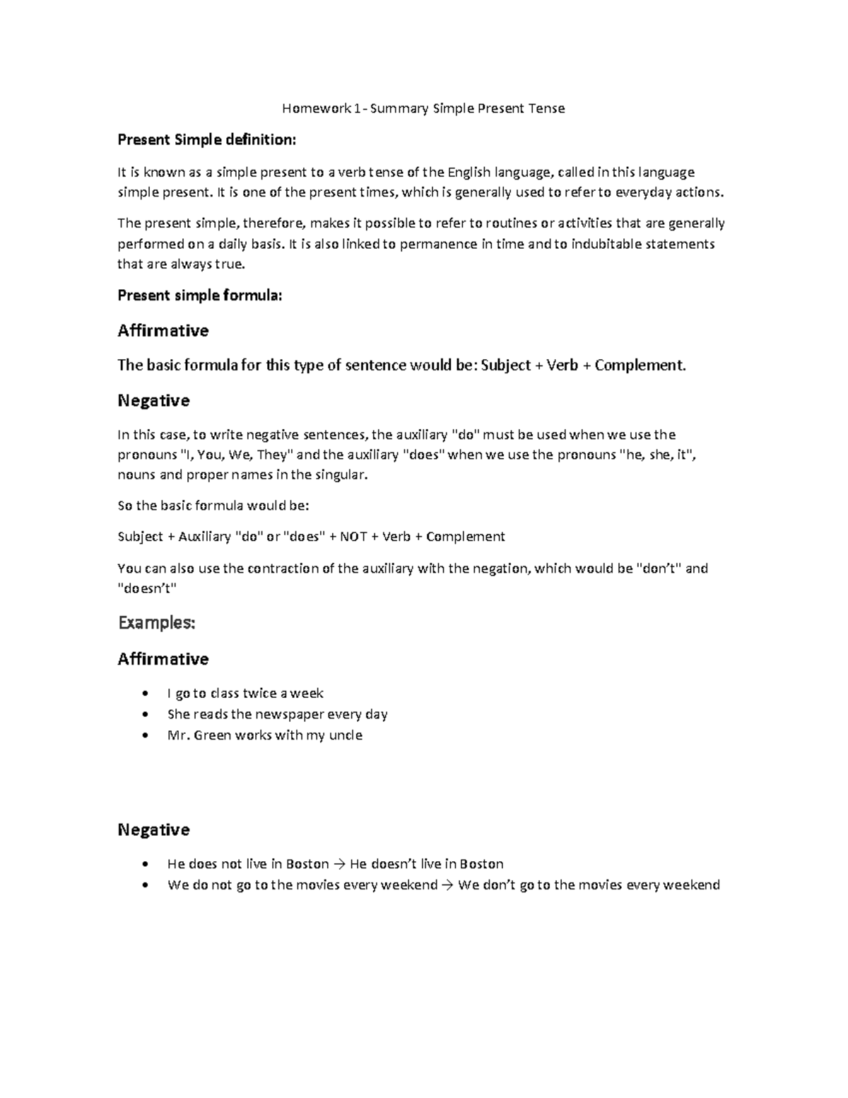 Unit 3- What do you do- homework 1 - Homework 1- Summary Simple Present ...