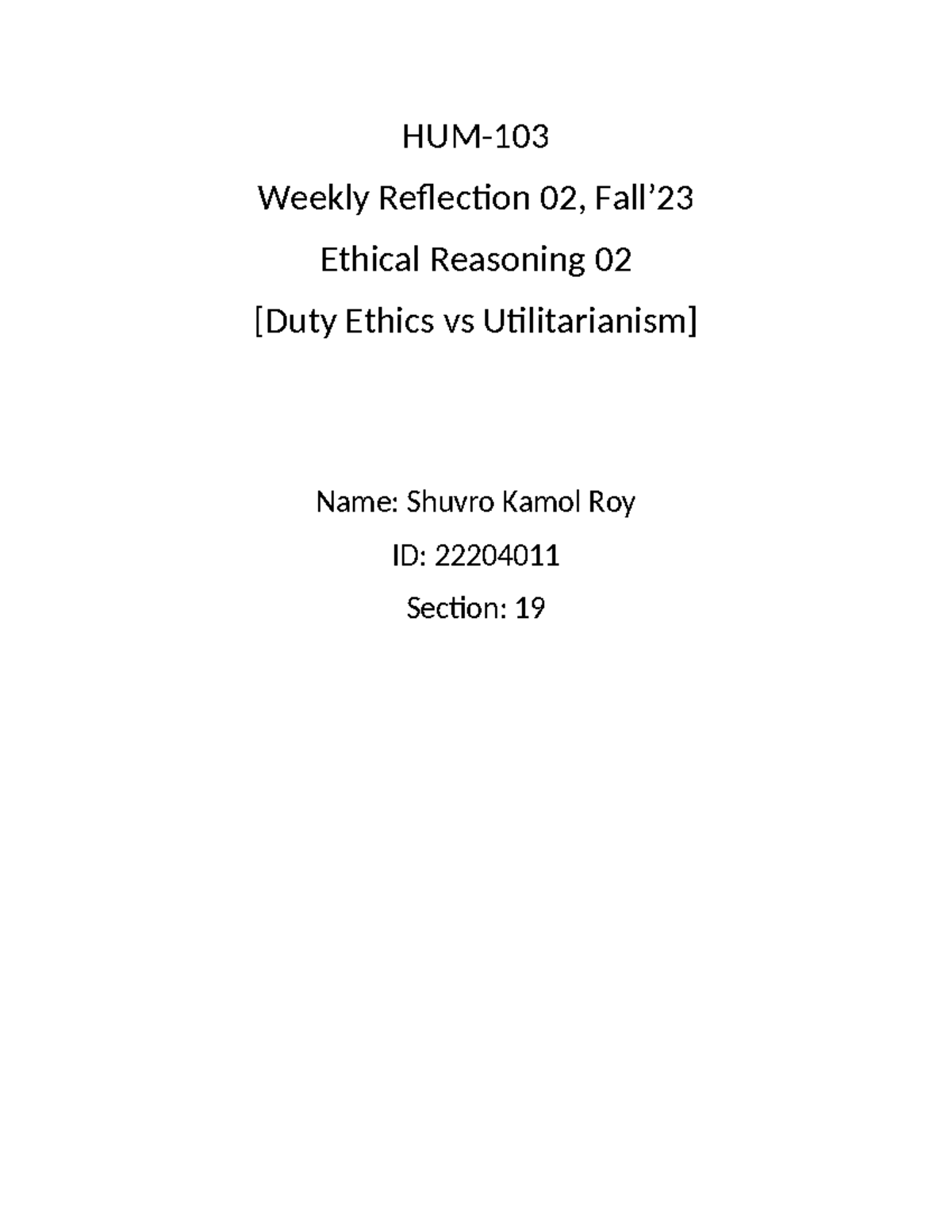 S19 Shuvro Kamol Roy 22204011 HUM103 Weekly Reflection 02 - HUM- Weekly ...