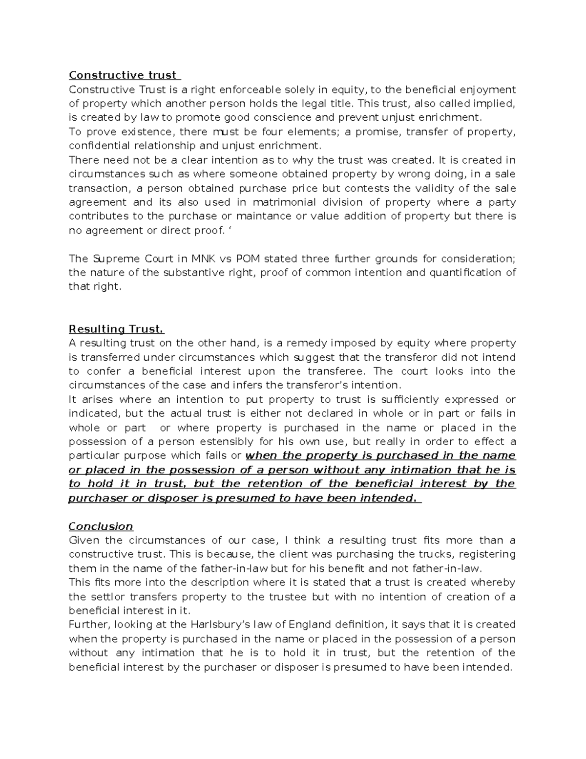 Summary of Constructive and Resulting Trust - Constructive trust Constructive Trust is a right ...